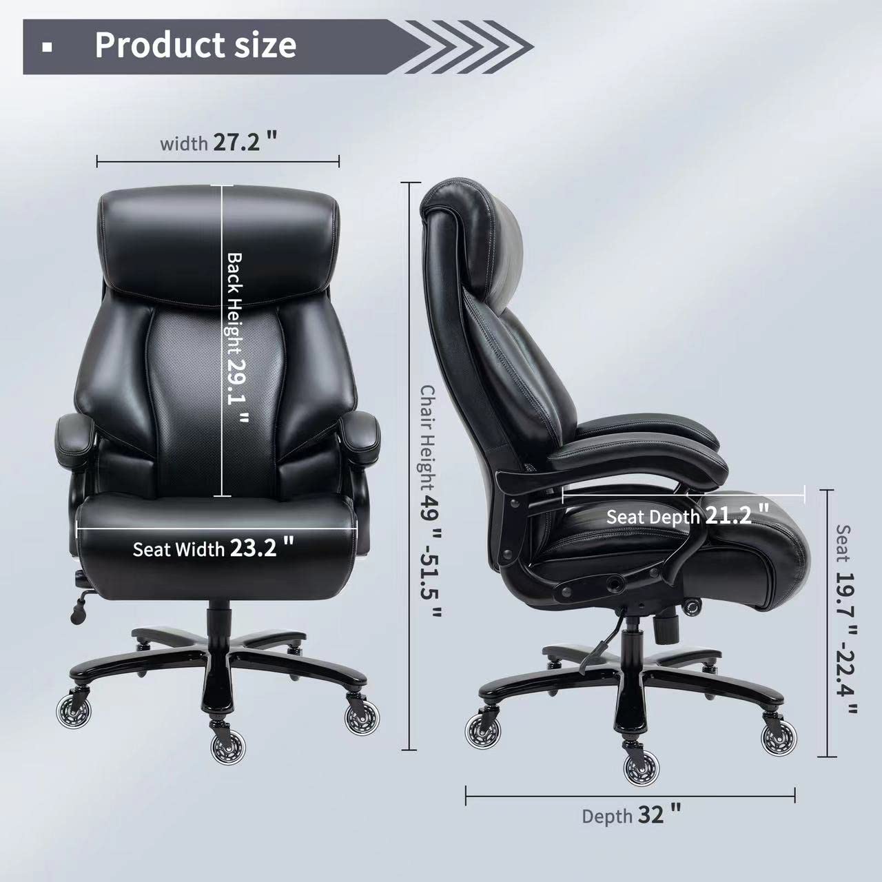 KJZ Big and Tall Office Chair, 400lb Office Chair, Heavy Duty Ergonomic Computer Desk Chair, Executive Leather Chair, Adjustable Lumbar Support 360 Swivel Task Chair
