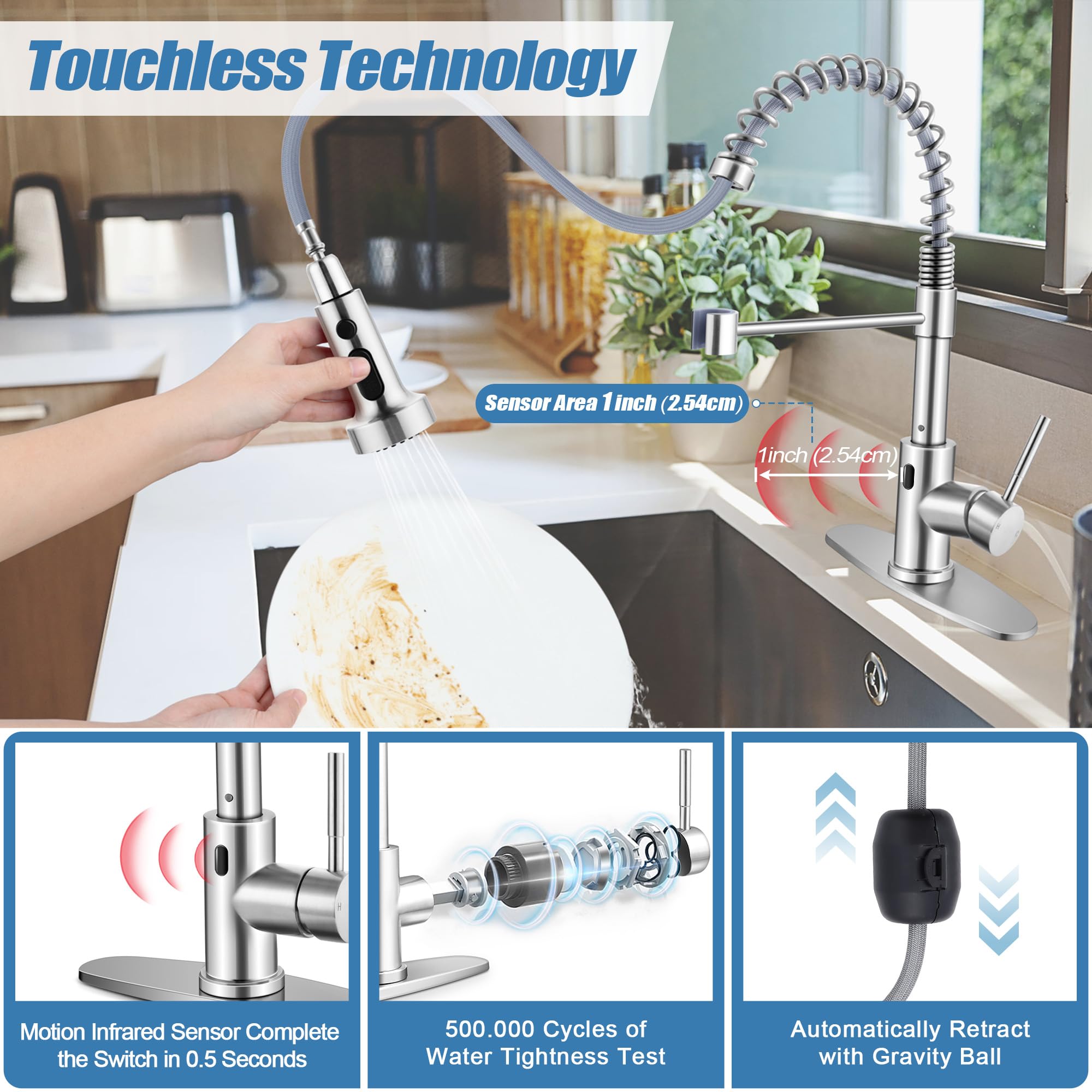 Homikit Touchless Kitchen Sink Faucet with Pull Down Sprayer, Automatic Motion Sensor Smart Faucet, Brushed Nickel Single Handle Spring Kitchen Faucets for Vanity Farmhouse RV, Stainless Steel