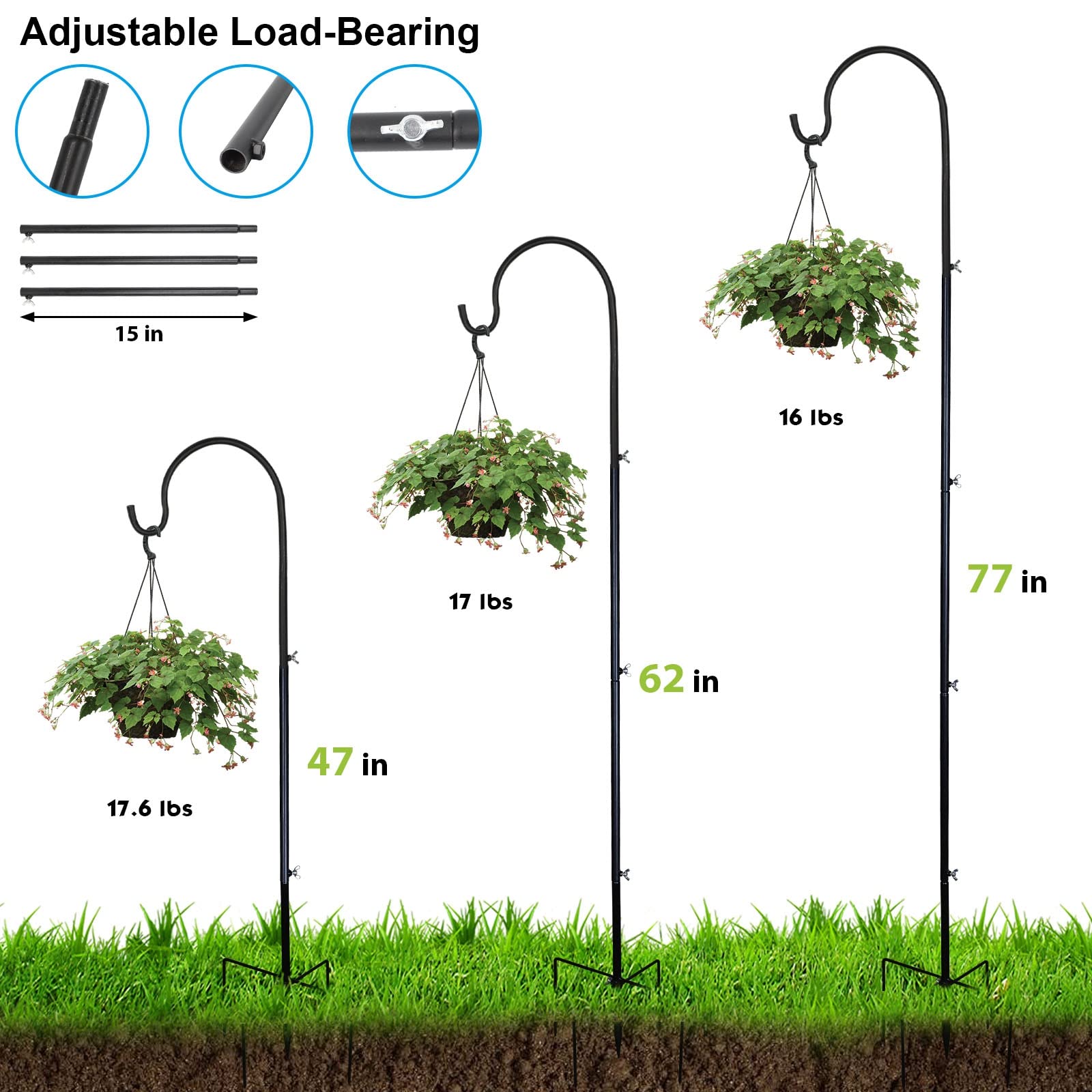 MorTime 2 Pack Outdoor Shepherd Hooks, 77 inches Heavy Duty Extendable Metal Garden Hanger Stake Pole with 5 Prong Base for Plants Bird Feeders Wedding Decor Lanterns Wind Chimes