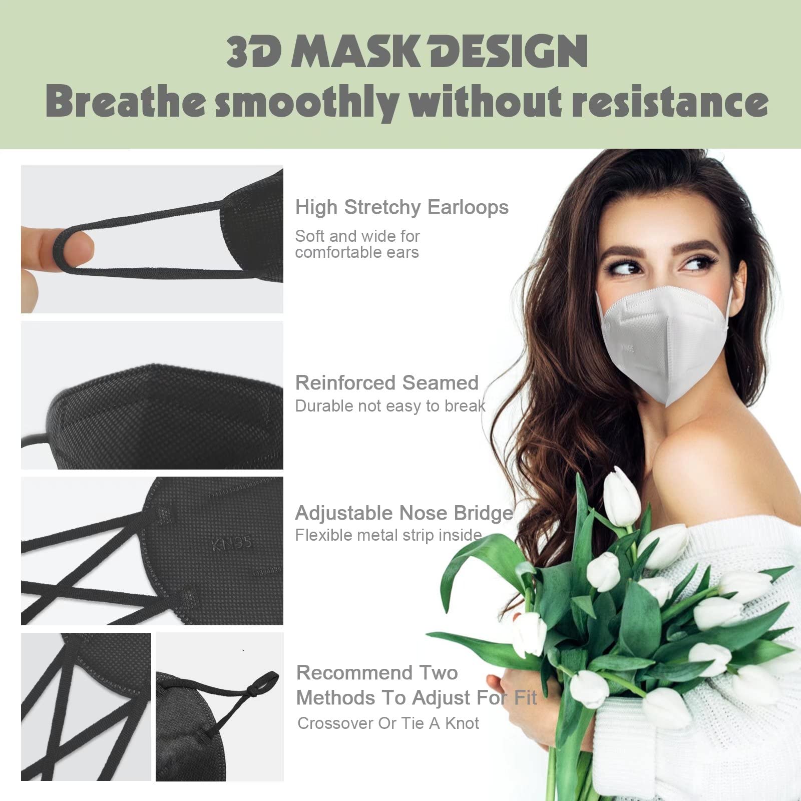 KN95 Face Mask For Adult ,60Pc Disposable 5-Ply Breathable and Comfortable Safety Mask with Elastic Ear loop&Nose Bridge Clip
