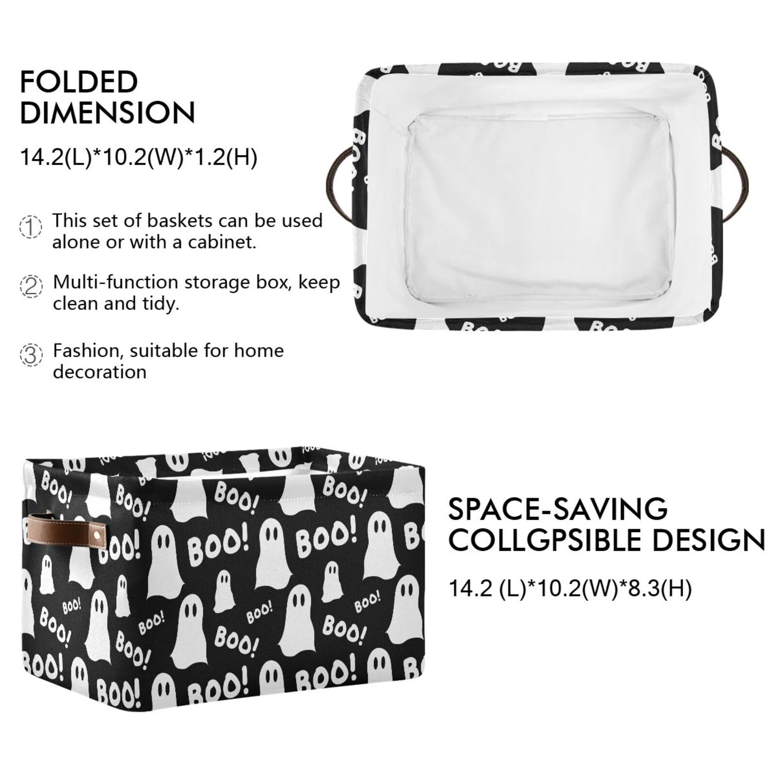 Kigai Foldable Rectangular Storage Baskets - Fabric Shelves Storage Bins with Leather Handles for Organizing Closet Clothes, Toys, Towels, Bedroom, Bathroom, Nursery, Office (Halloween Boo Pattern,1 P