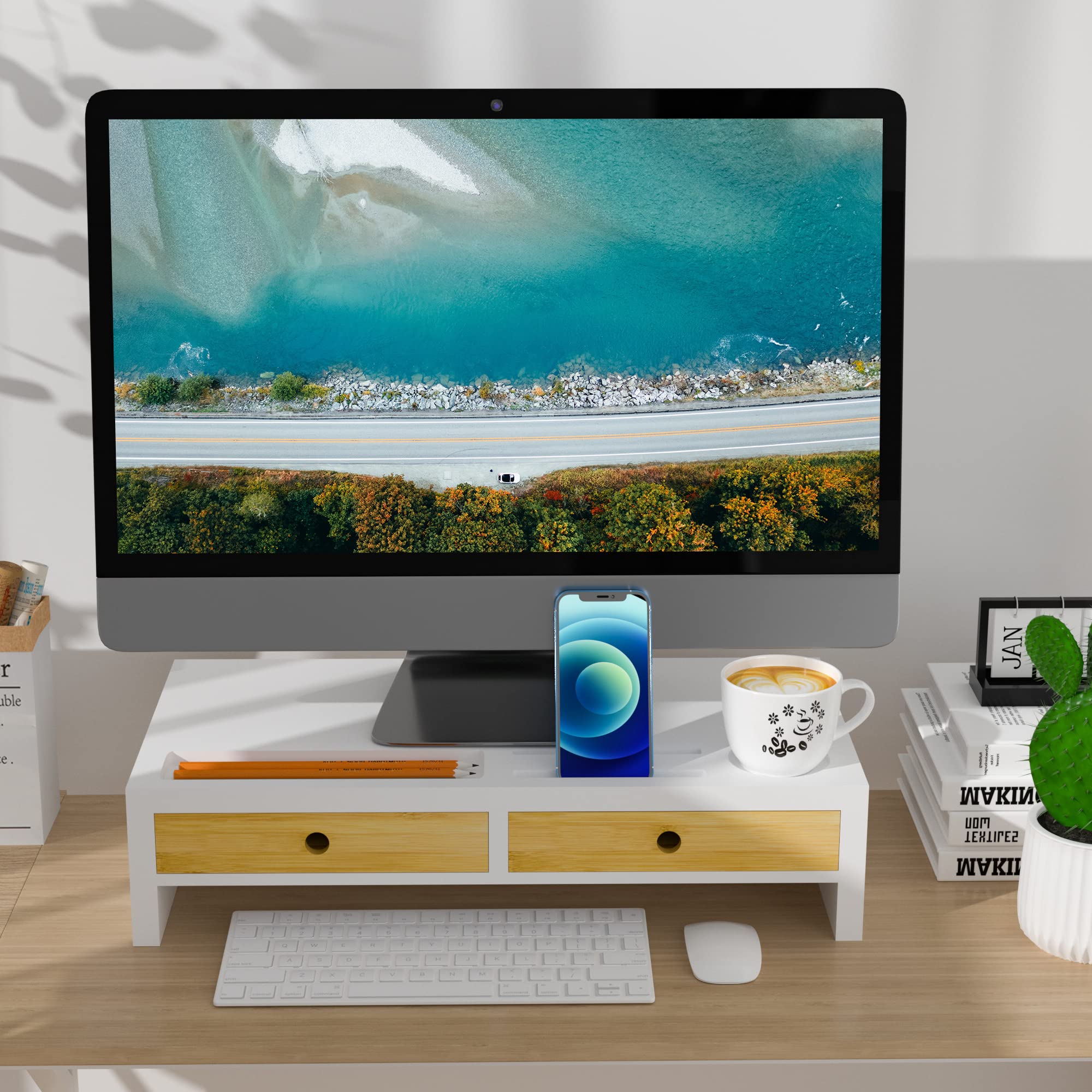 Monitor Stand Riser with Drawer - White Laptop Stand, Bamboo Desktop Shelf Organizer for Computer, TV, Printer, Office Supplies & Accessories with Phone Holder & Cups Slot, No Assembly Needed
