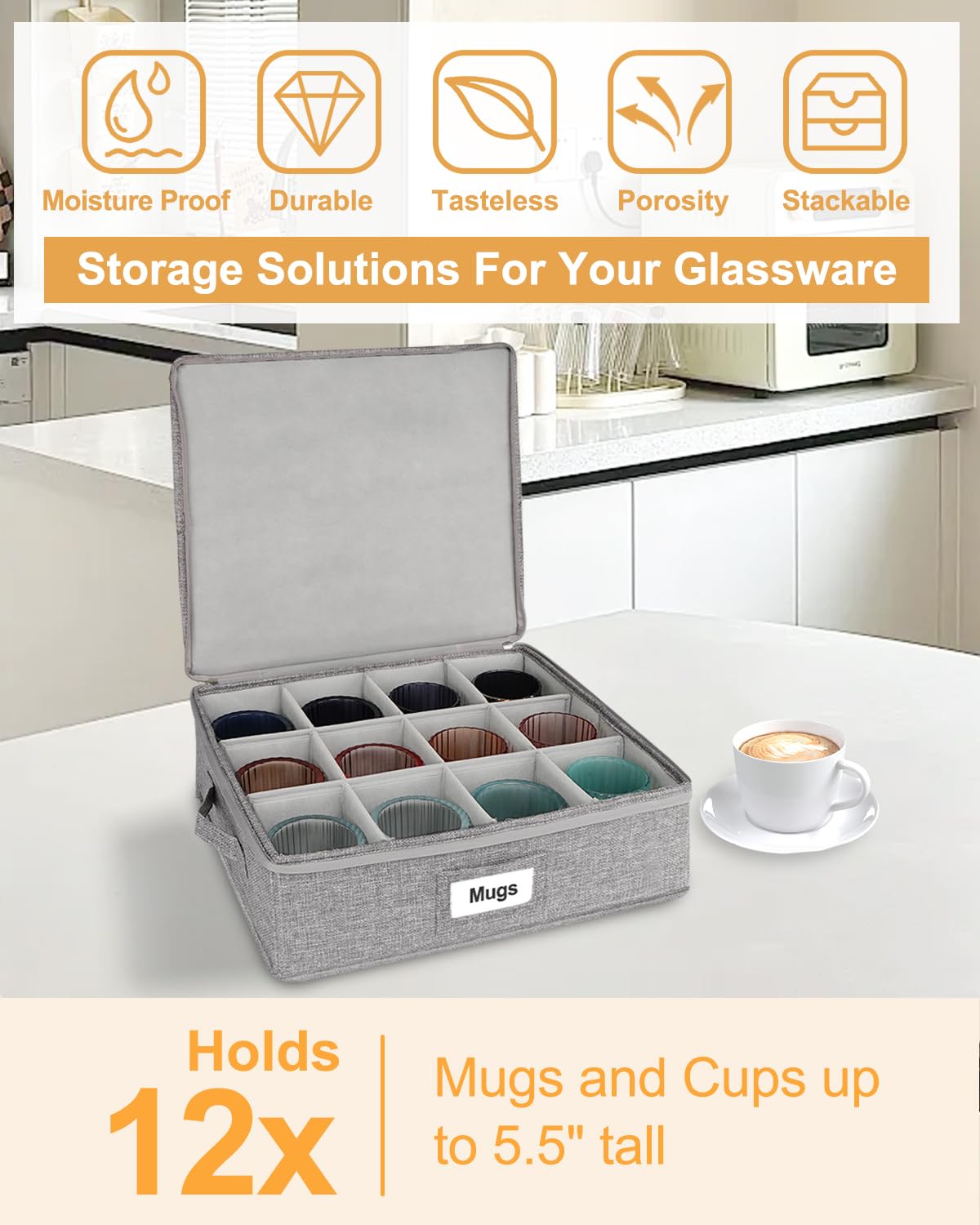 punemi Wine Glass Storage Box, Glassware Storage Containers W/Rigid Top Side Bottom Support & Padded Dividers, Stackable Stemware Storage Case for 24 China Crystal Glasses Drinkware, Moving Supplies