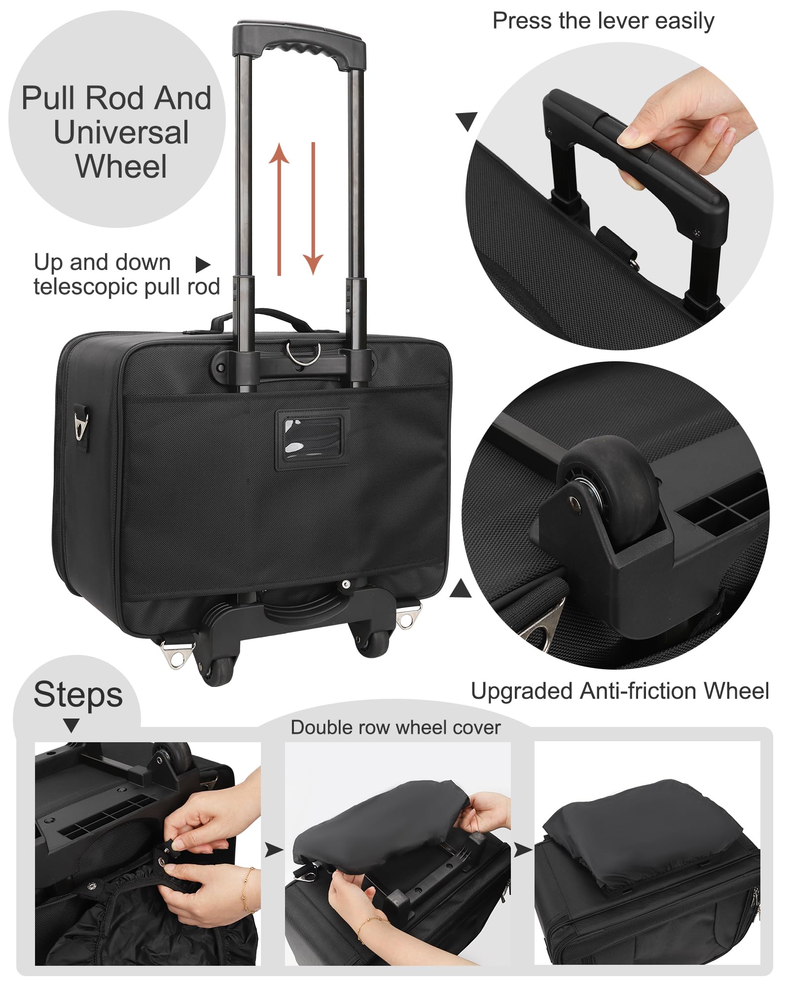 MONSTINA Rolling Makeup Train Case,Trolley Cosmetic Case,3-Layer Cosmetic Organizer,Extra Large Makeup Travel Bag for Hairstylist, Trolley Travel Hairdressing Case with Adjustable Divider(Black)