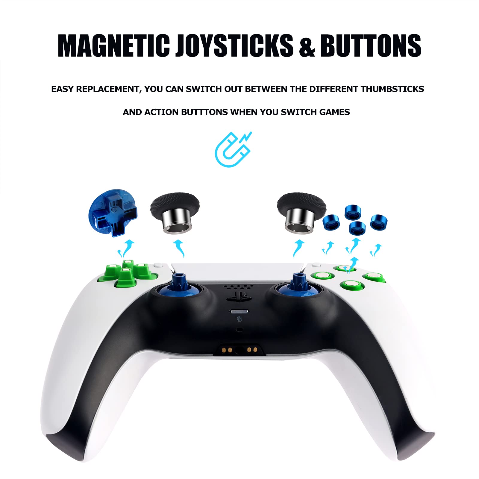 Magnetic Metal Buttons Accessories for PS4 PS5 Controller, Adjustable Height Thumbticks Replacement Parts for PS4 Slim Pro & PS5 Controllers,Includes Joysticks,Actinon Buttons & Dpad(Red)