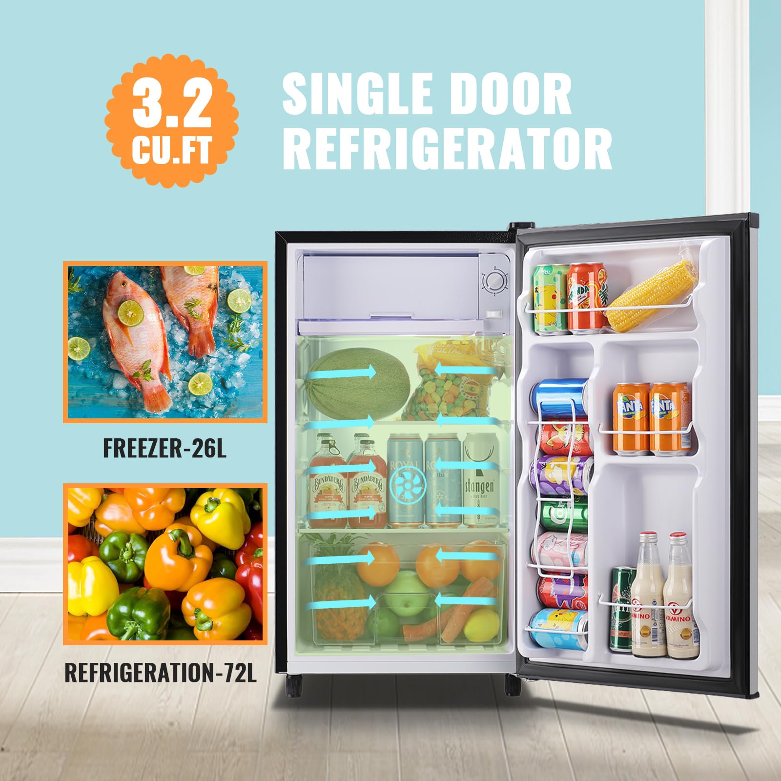 WANAI Compact Refrigerator with Freezer Double Door Mini Fridge Small Refrigerator with 7 Adjustable Temperature Side Door Wire Rack suit for Dorm Bedroom Apartment SILVER
