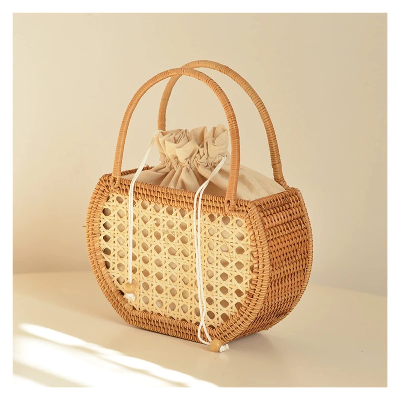 LSDJGDDE Hand Basket Picnic Travel Hand Woven Rattan Handbag Semicircular Stitching Lace up Inner Pocket Handmade