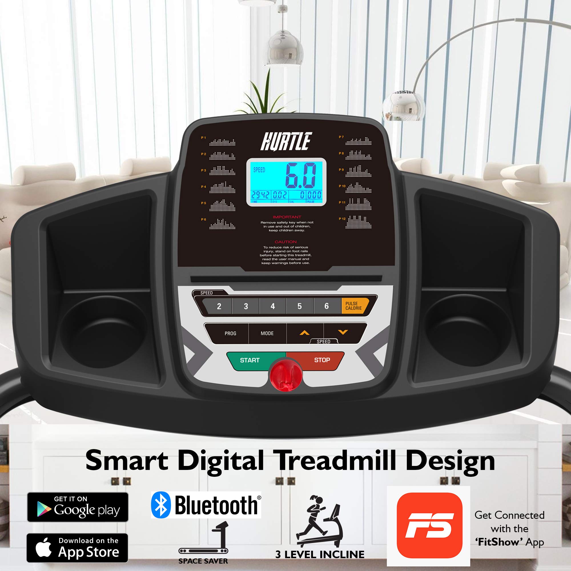 Hurtle Electric Folding Treadmill Exercise Machine - Smart Compact Digital Fitness Treadmill Workout Trainer w/Bluetooth App Sync, Manual Incline Adjustment, for Walking, Running, Gym HURTRD18