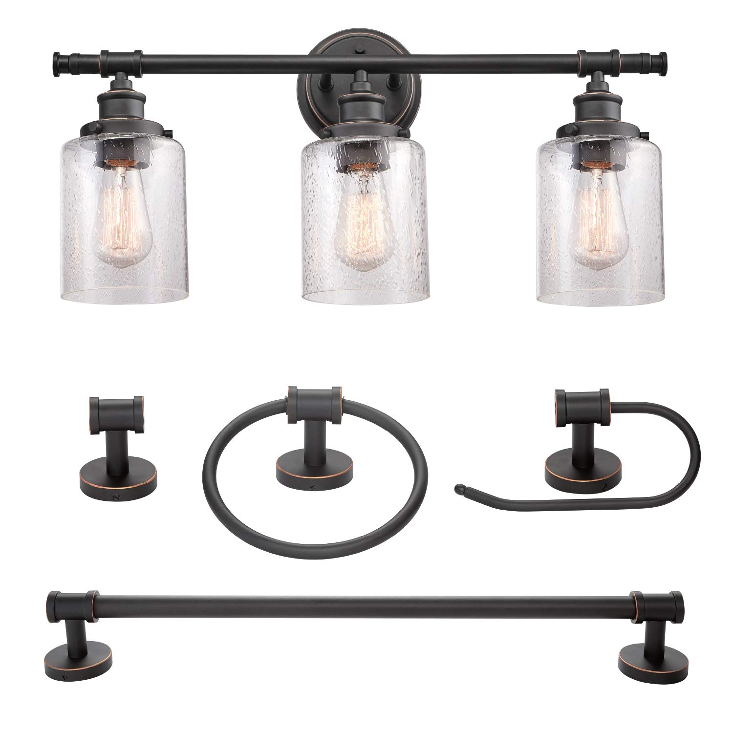 Globe Electric 51415 5-Piece All-in-One Bathroom Accessory Set, with Vanity, Bronze, 3-Light Vanity Light, Seeded Glass, Towel Bar, Towel Ring, Robe Hook, Toilet Paper Holder, Home Improvement