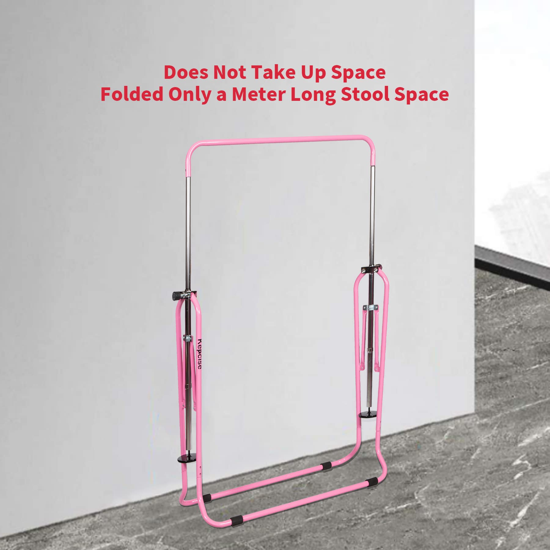 Kepcise Expandable Gymnastics Bar, Folding Horizontal Kip Bar with 3 to 4.2 FT Adjustable Height, Home Indoor Training Monkey Bar Equipment with Triangular Structure for Kids Gymnasts Beginner(Pink)