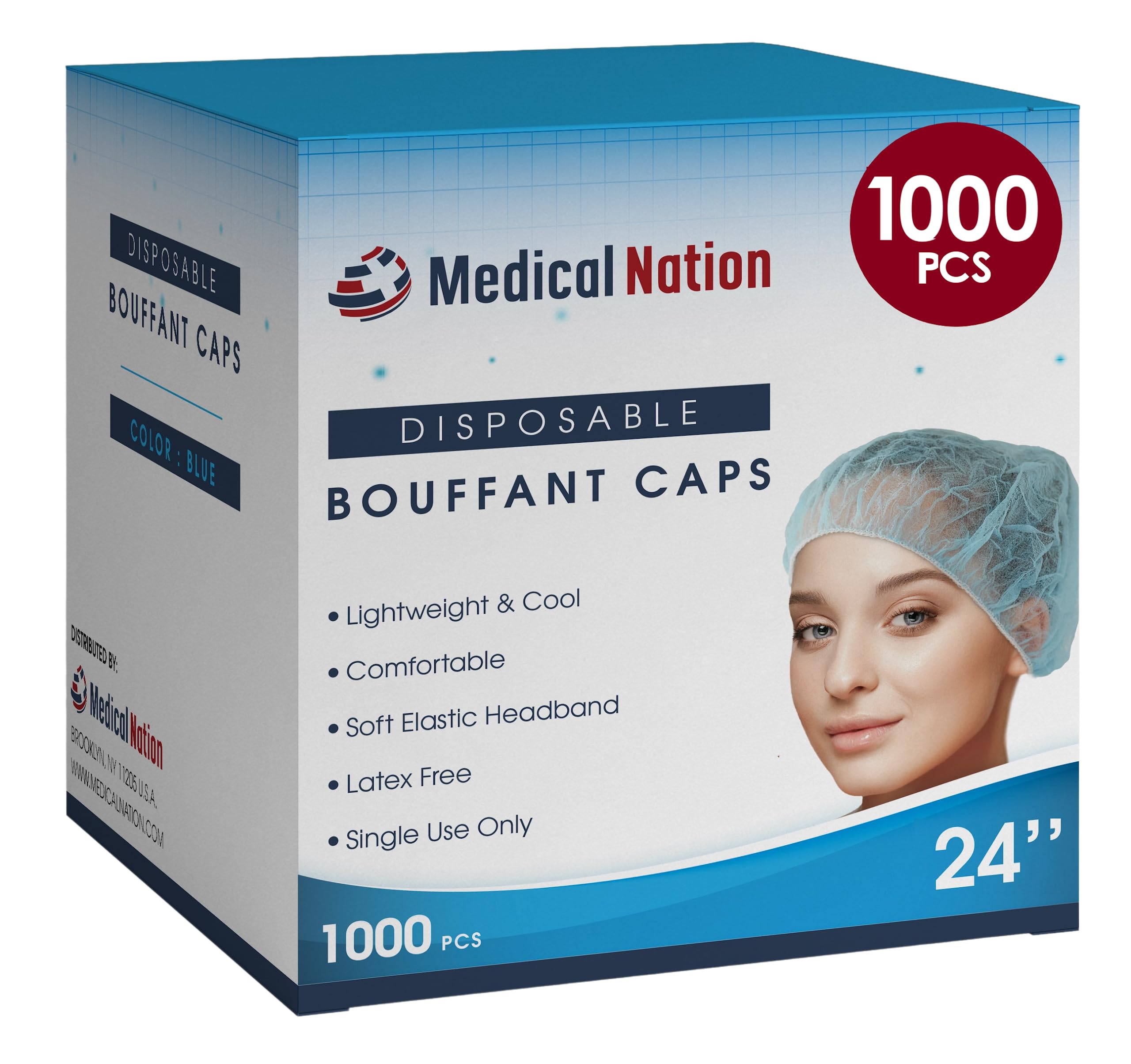 MEDICAL NATION 24" Disposable Bouffant Caps Hair Net | CASE OF 1000, BLUE | Non-Woven, Non-Pleated Hairnets | Perfect for Medical, Hospital, Labs, Nurse, Tattoo, Food Service, Cooking | Blue, Size 24"