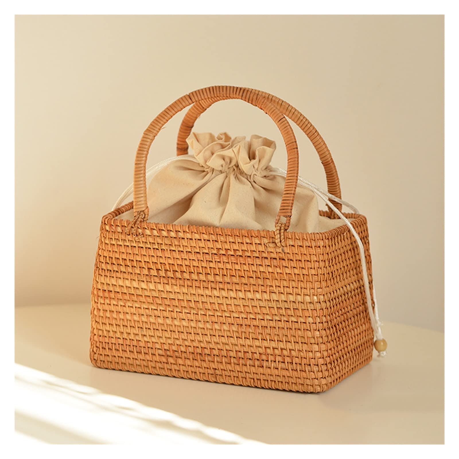 LSDJGDDE Hand Basket Picnic Travel Hand Woven Rattan Handbag Semicircular Stitching Lace up Inner Pocket Handmade
