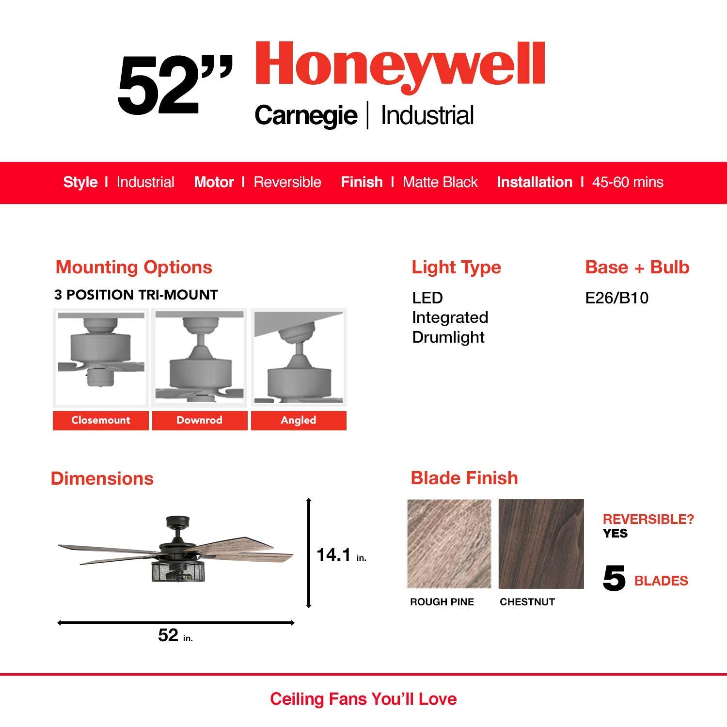 Honeywell Ceiling Fans 50614-01 Carnegie LED Ceiling Fan 52", Indoor, Rustic Barnwood Blades, Industrial Cage Light, Matte Black (Renewed)