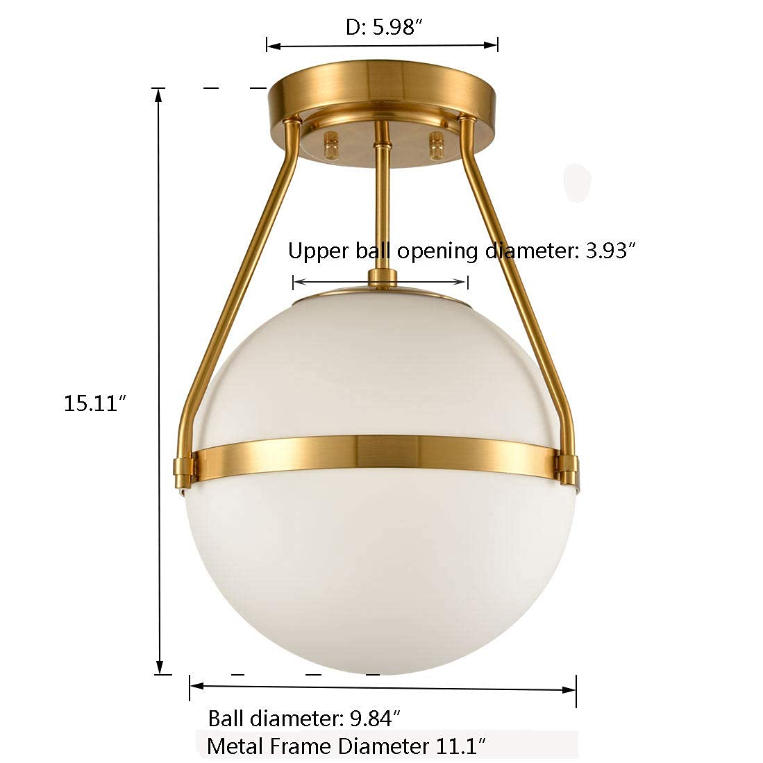 HOLKIRT Mid Century Modern Globe Semi Flush Mount Ceiling Light Fixture,White Opal with Brass Finish,Living/Dinning Room