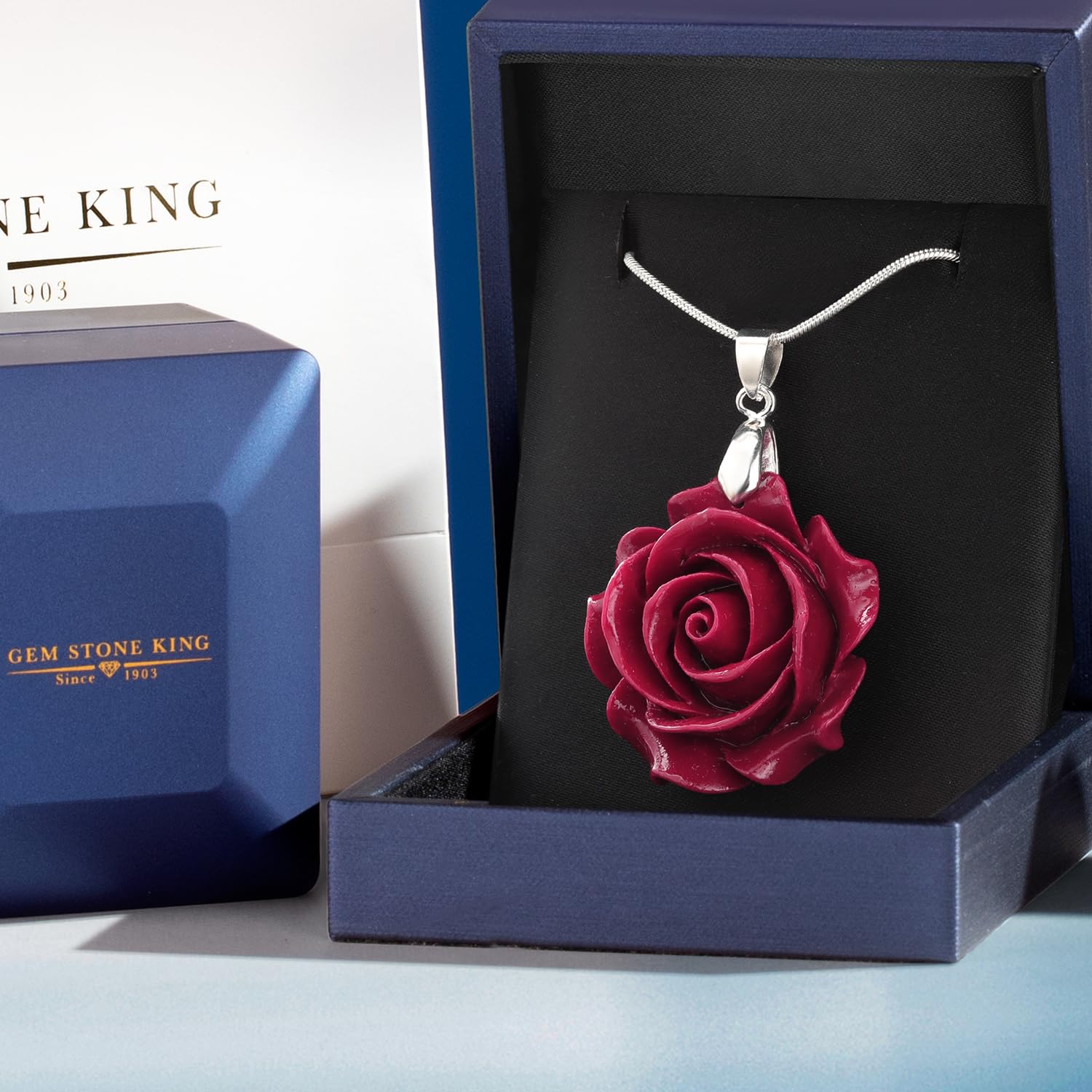 Gem Stone King 35MM Red Simulated Coral Carved Rose Flower Pendant with 16 Inch + 2 Inch Extender Chain
