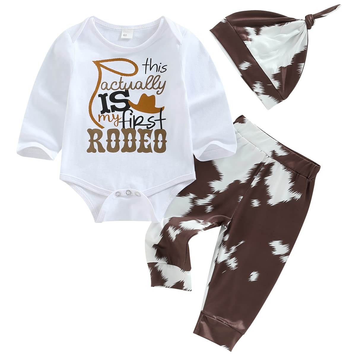 Newborn Infant Baby Boys Clothes Western Cowboy Letters Print Long Sleeve Bodysuit Pants Hat 3PCS Outfit Set