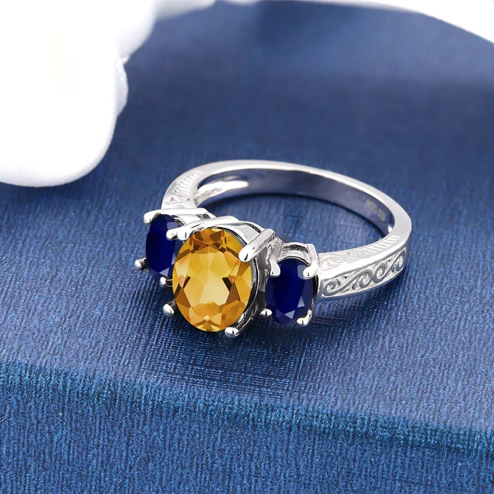 Gem Stone King 925 Sterling Silver Yellow Citrine and Blue Sapphire 3-Stone Engagement Ring For Women | 2.25 Cttw | Gemstone Birthstone | Available In Size 5, 6, 7, 8, 9