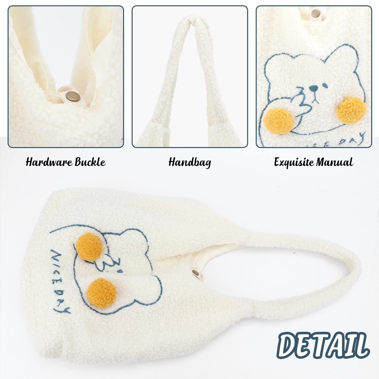 KUANG! Teddy Plush Shoulder Handbag Purse Cute Bear Fluffy Tote Plush Handbag Faux Lambs Wool Large Shopping Bag