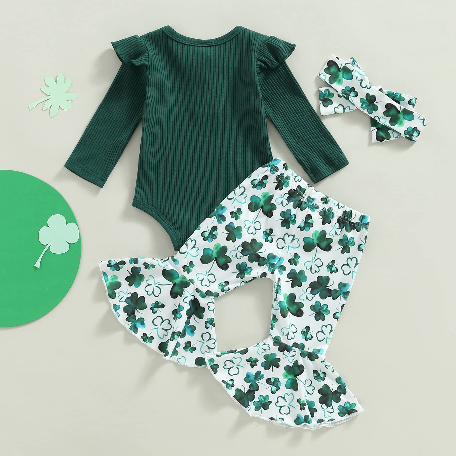 Newborn Infant Baby Girl St Patrick Day Clothes Long Sleeve Knitted Romper Clover Print Bell Bottom Pants Outfit Set (Green, 3-6 Months)