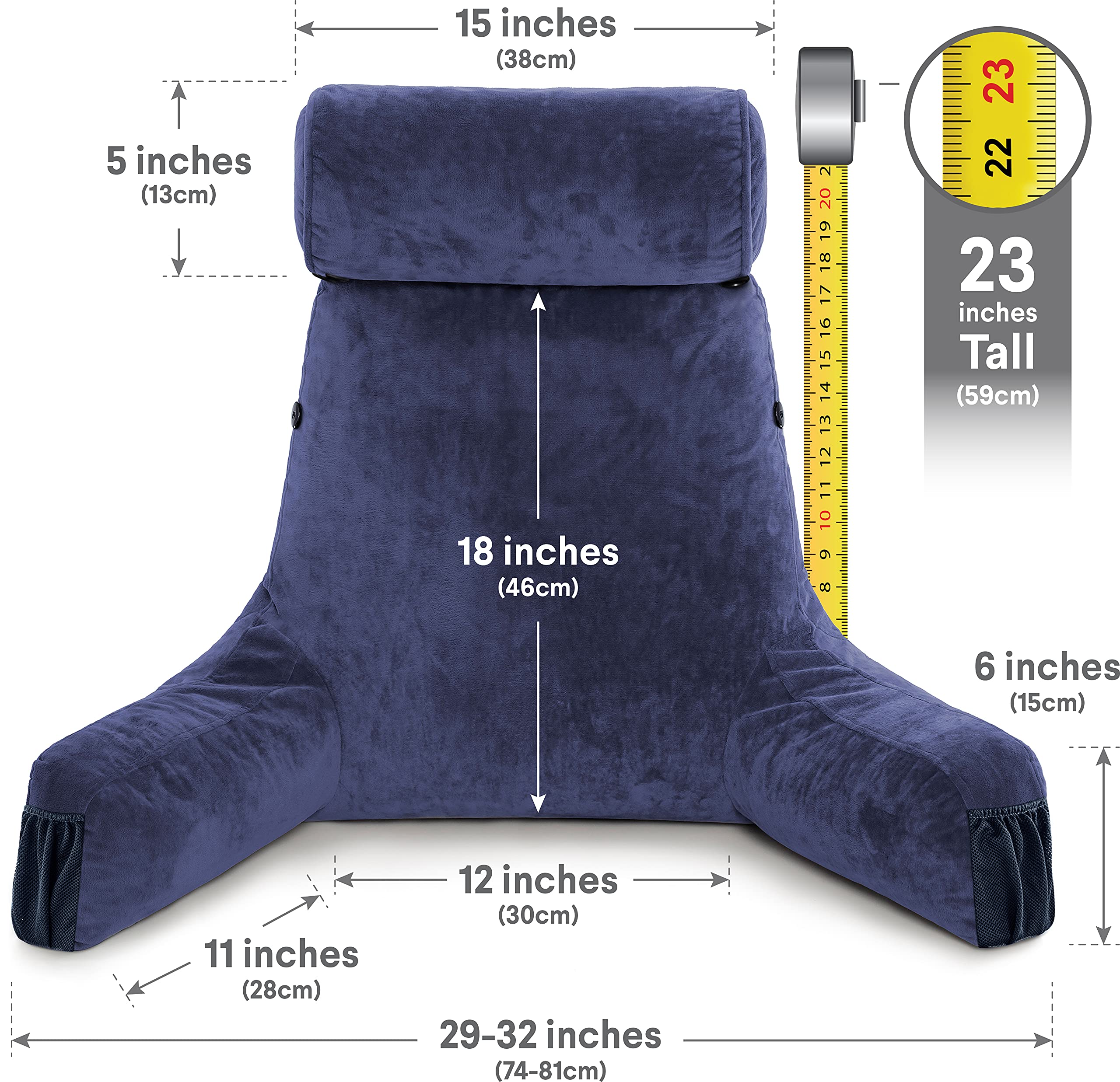 Husband Pillow Combo - Backrest Pillow with Arms : Medium Dark Blue & Foldable Laptop Tray : Brown - Memory Foam Reading Pillows for Bed w/Removable Neck Roll & Laptop Bed Tray Table
