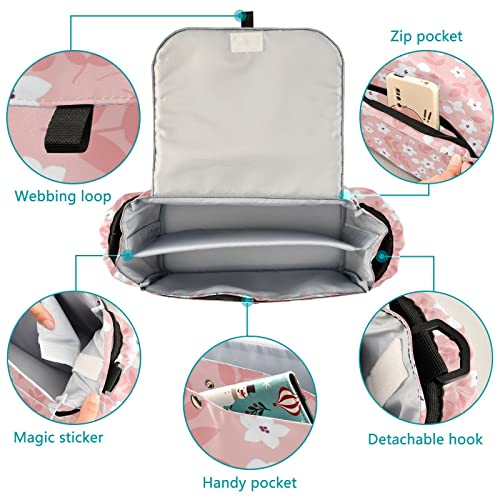 Kigai Flowers on Pink Baby Stroller Organizer with Cup Holders, Secure Hooks Accessories Adjustable Strap Stroller Bag for Bottle, Diaper, Phone, Toys, Baby Items