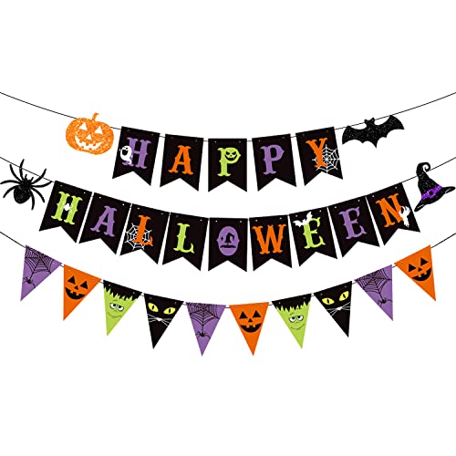 JKQ Colorful Happy Halloween Banner and Halloween Pattern Pennant Banner Halloween Paper Bunting Banner with Pumpkin Spider Bat Witch Hat Signs Halloween Haunted House Party Decorations for Wall