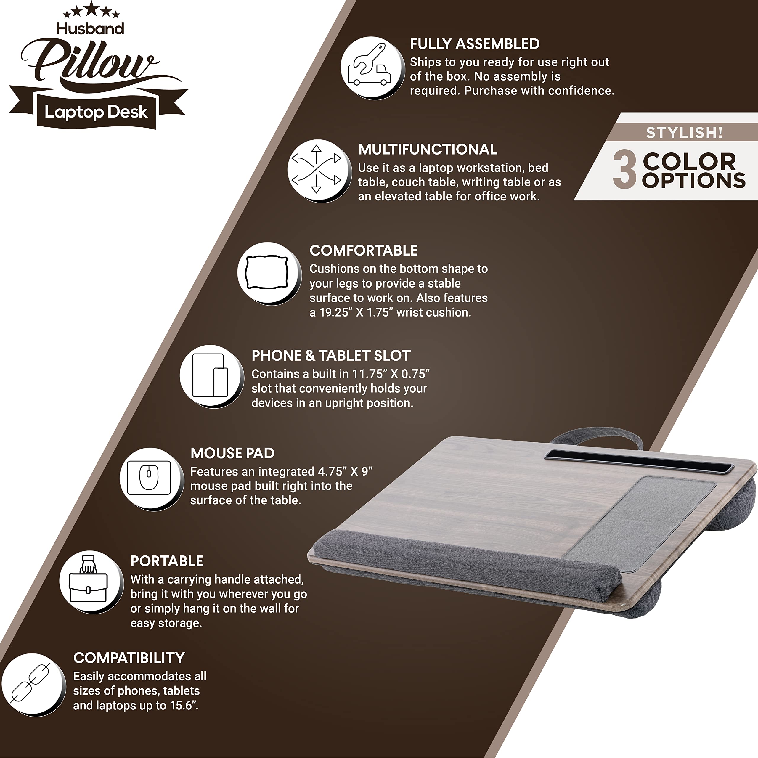 Husband Pillow Combo - Backrest Pillow with Arms : Medium Red & Foldable Laptop Tray : Gray - Memory Foam Reading Pillows for Bed w/Removable Neck Roll & Laptop Bed Tray Table