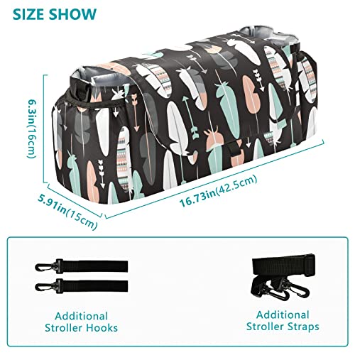 Kigai Indian Mint Aztec Feathers Baby Stroller Organizer with Cup Holders, Secure Hooks Accessories Adjustable Strap Stroller Bag for Bottle, Diaper, Phone, Toys, Baby Items