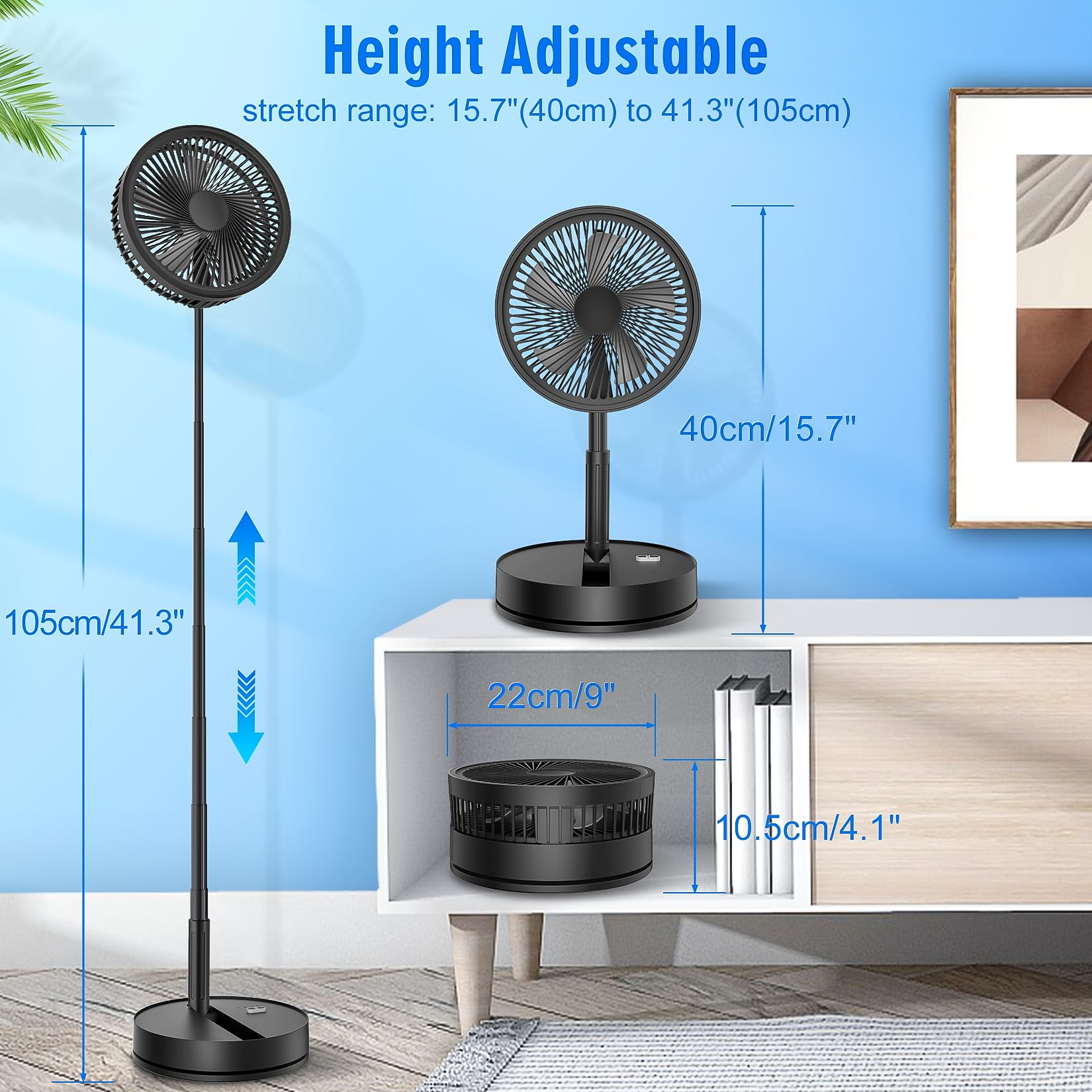 LIPETY Portable Foldable Rechargeable Oscillating Fan - 9" 7200mah Battery Operated USB C Small Fan Remote, Quiet Table Desk Fan Folding Standing Pedestal Fan for Bedroom Rome Office Camping Travel