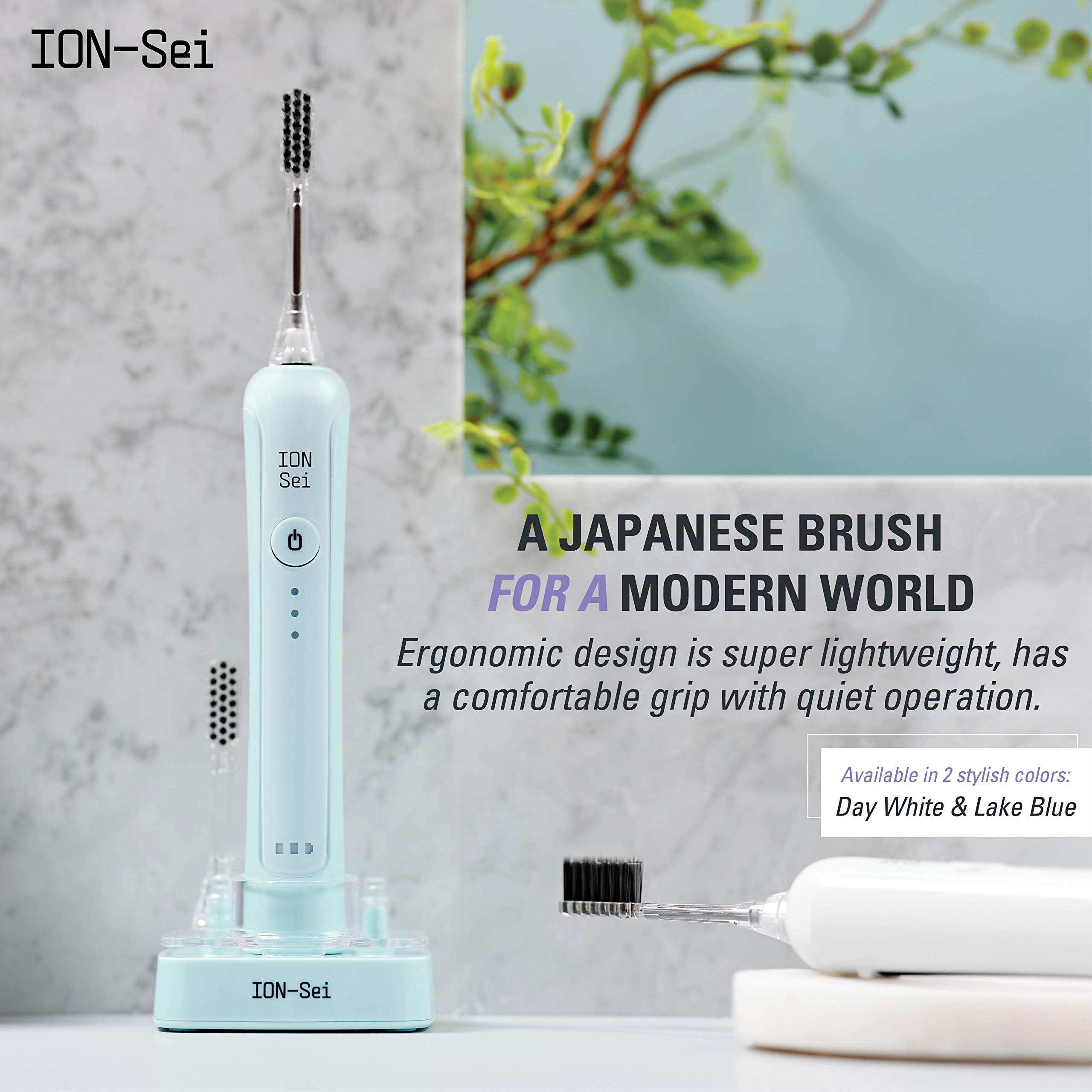 ION-Sei Electric Toothbrush | Battery Powered Smart Sonic Technology | Ultra Soft for Sensitive Teeth and Gums | Deep Cleaning and Gentle Gum Care | Lake Blue