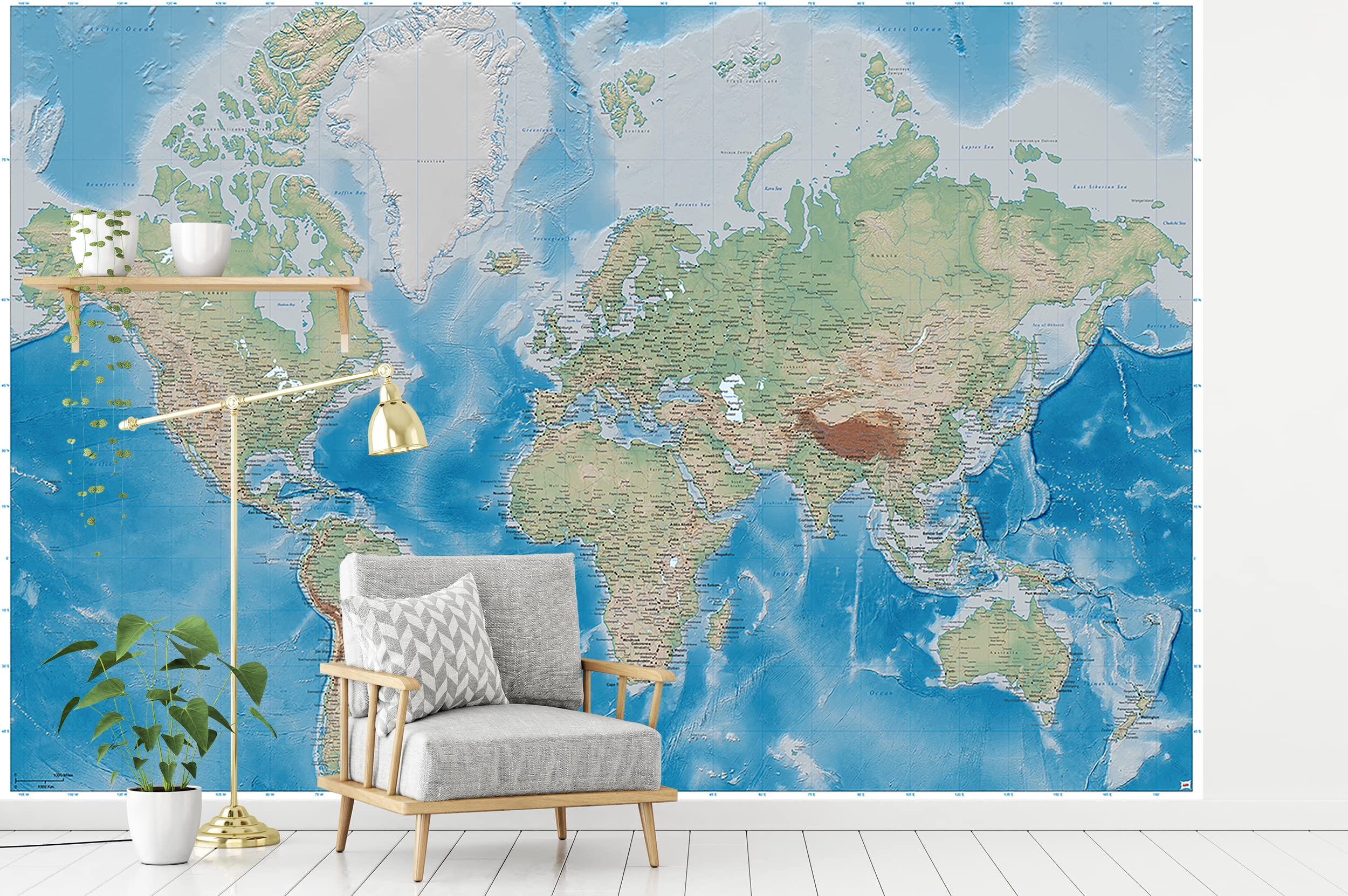 GREAT ART Photo Wallpaper World Map Decoration 132.3x93.7in / 336x238cm โ Miller Projection Relief Continent English City Names Modern Mural โ 8 Pieces Includes Paste