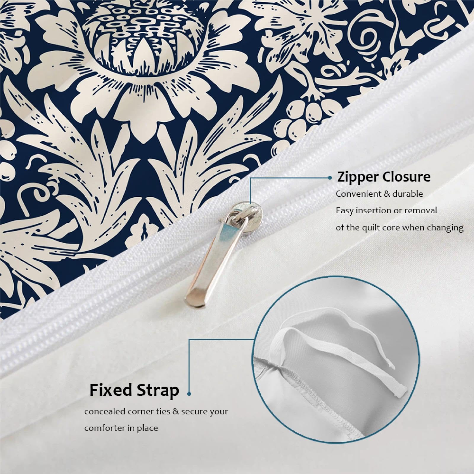 RIVINE Willam Morris Style Duvet Cover Set 3 Pieces Sunflowers Iris (Blue) Pattern Soft Bedroom Bedding Set with 2 Pillow Shams Zipper 4 Ties Full