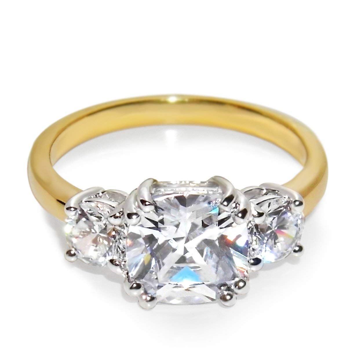 IVY & BAUBLE 3 Stone Cushion Cut Simulated Diamond Engagement Rings for Women in 18K Yellow Gold Plating, Size 5