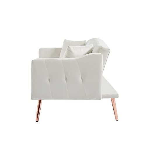 Yoglad Convertible Sofa with Pillow, Upholstered Recliner Couch, Futon Loveseat with Metal Legs, Daybed Sleeper for Living Room (White, 64" Velvet, Hill-Shaped Backrest)