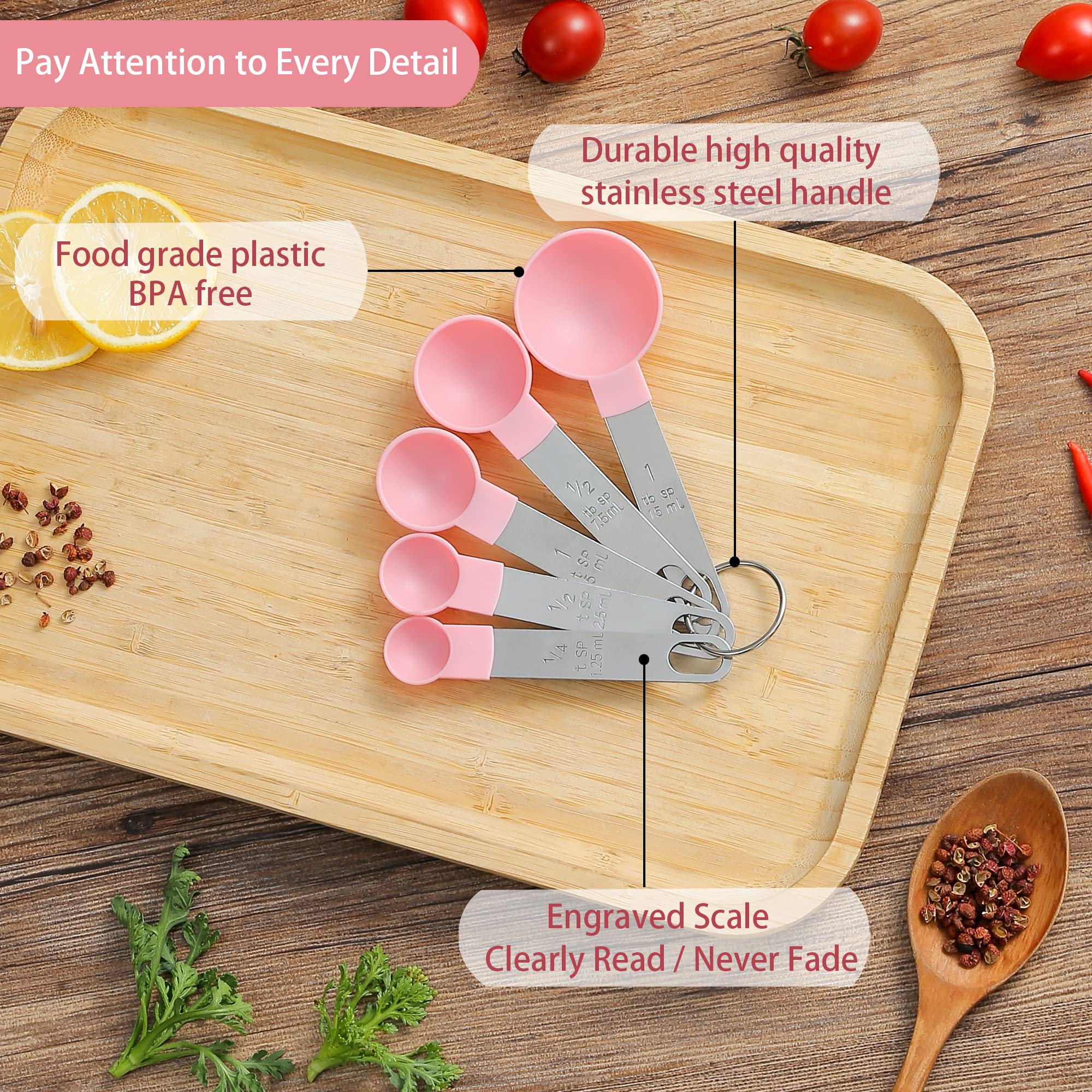Measuring Cups and Spoons Set of Huygens Kitchen Gadgets 10 Pieces, Stackable Stainless Steel Handle Measuring Cups for Measuring Dry and Liquid Ingredient (Pink)