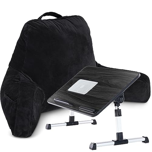 Husband Pillow Combo - Backrest Pillow with Arms : Standard Black & Lap Desk Bed Tray : Grey - Memory Foam Reading Pillows for Bed & Laptop Bed Tray Table