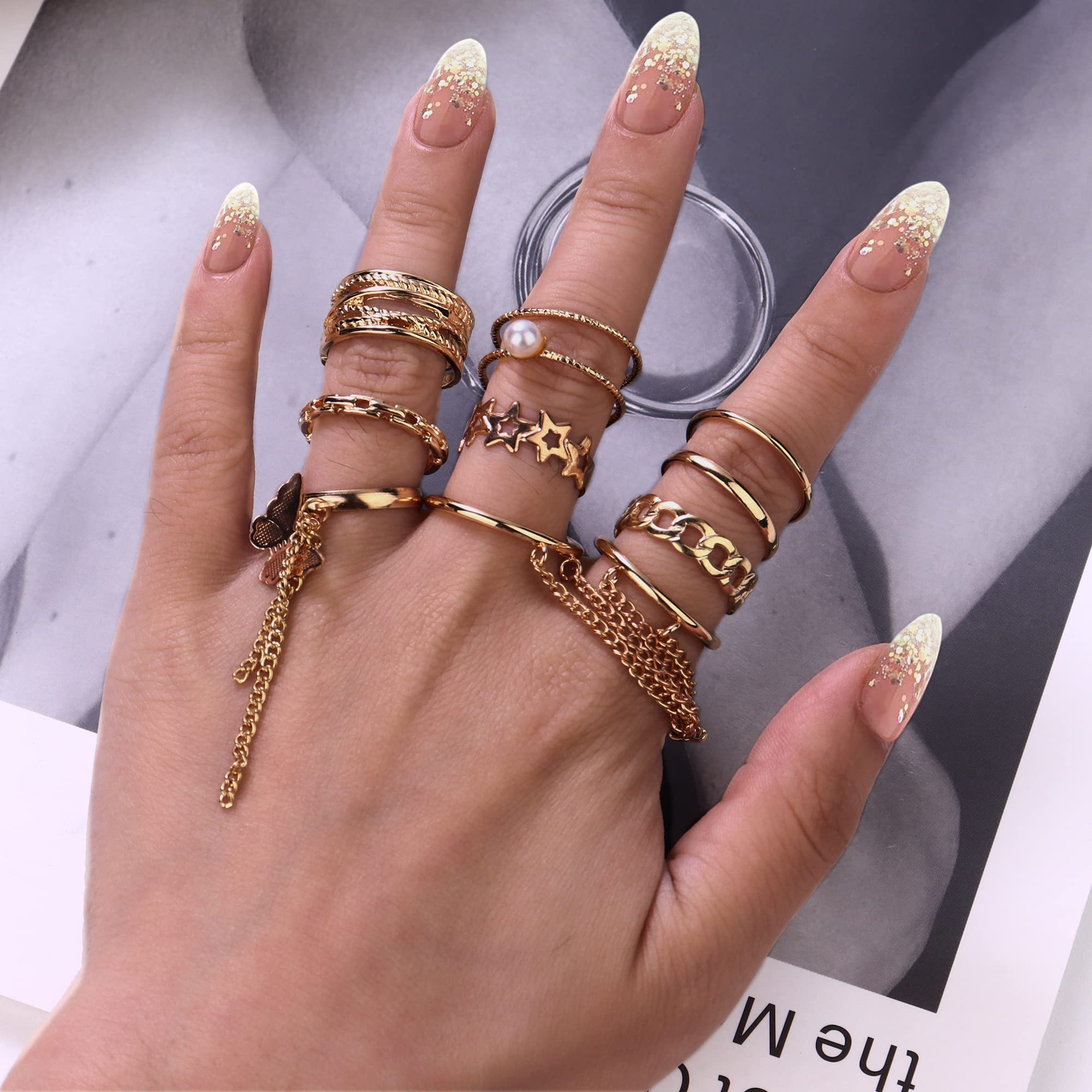 Jstyle 14Pcs Gold Knuckle Stackable Rings Set for Women Gothic Punk Chain Finger Rings Hip Hop Stackable Vintage Rings Set