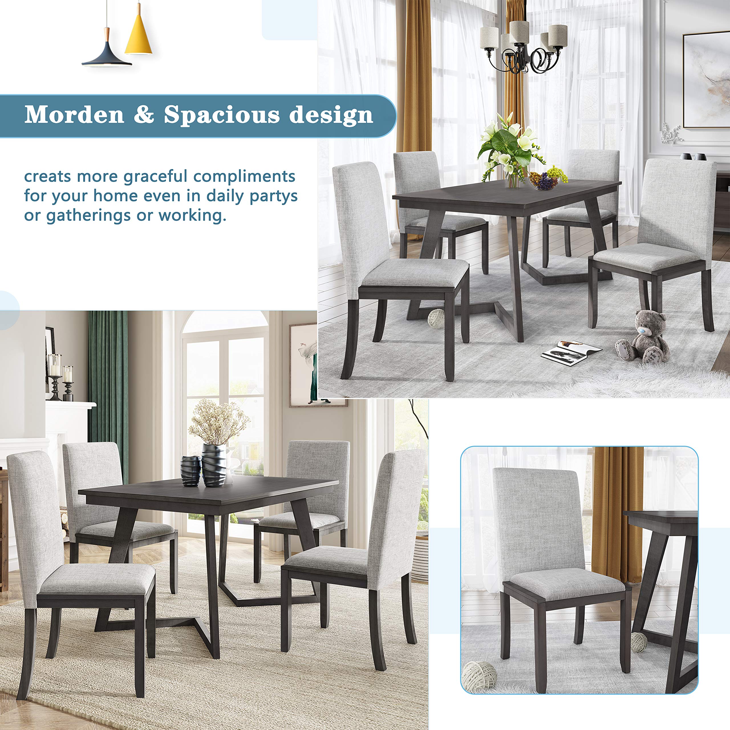 GLORHOME 5-Piece Family Wood Dining Table Set for 4, Farmhouse Rustic Style Kitchen Furniture with Linen Fabric Chairs, Gray