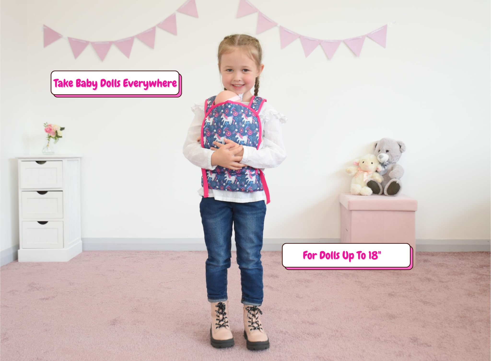 KOOKAMUNGA KIDS Baby Doll Carrier - Adjustable Straps to Fit All w/Comfort Padding - Works as a Front Doll Carrier or Doll Backpack Carrier - Soft Headrest - Ideal for Dolls Up to 18” - Navy Unicorn