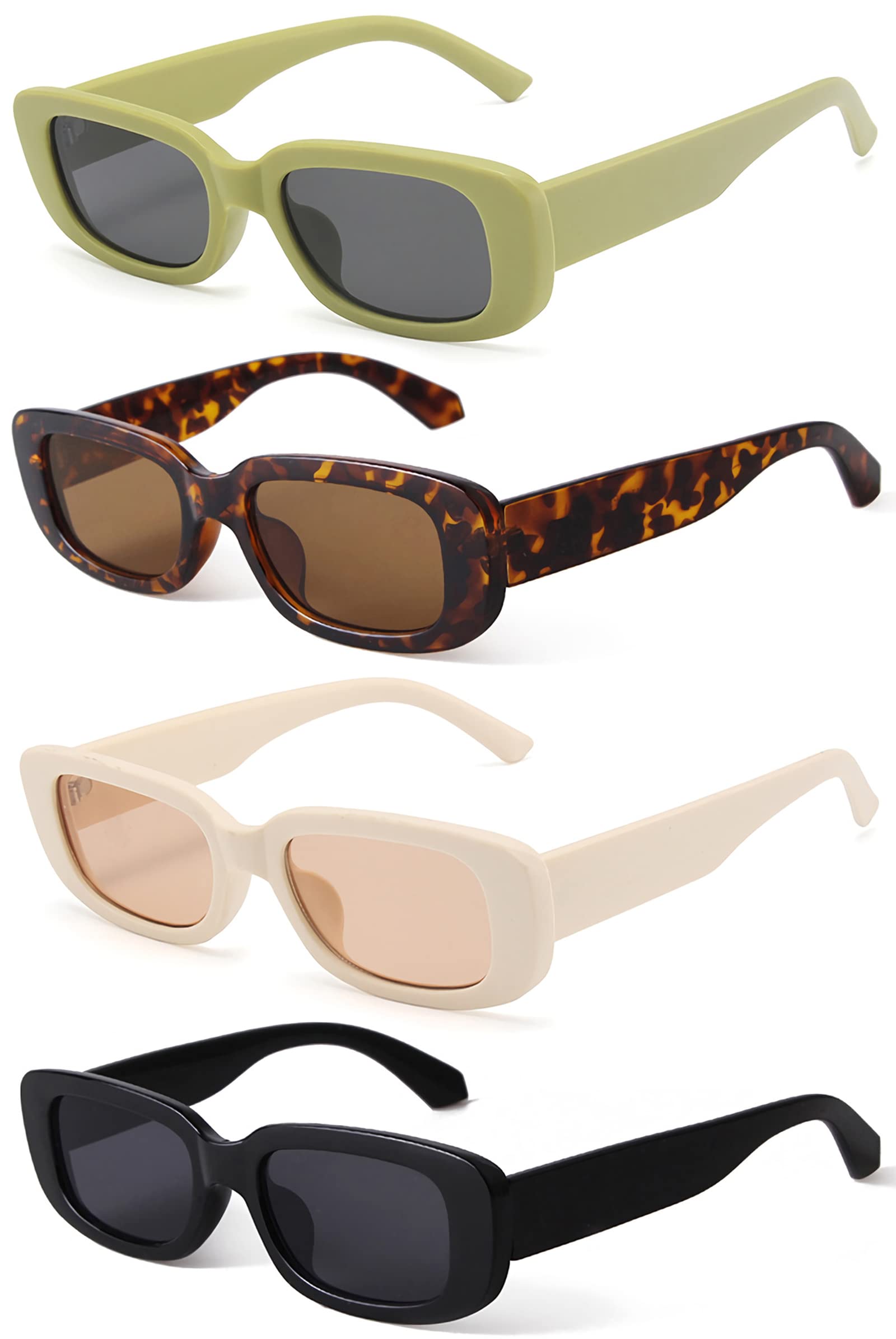 KUGUAOK Trendy Rectangle Sunglasses for Women Retro Small Square Sun Glasses UV 400 Protection Travel Goggles 3/4PACK