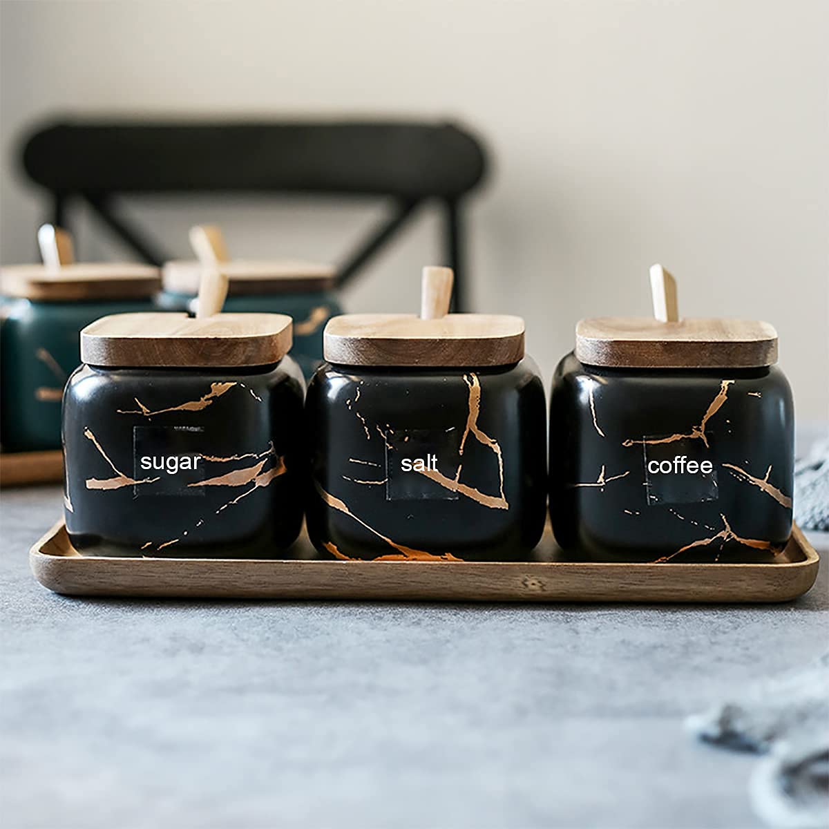 JFFLYIT 3 Pcs Porcelain Condiment Jar Pot Spice Container Ceramic Seasoning Jar with Lid Spoon and Tray Great for Home Kitchen Counter, Black