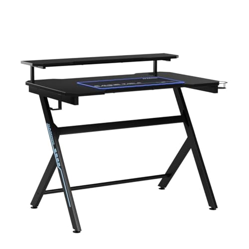 JJS 48" Home Office Gaming Computer Desk with Removable Monitor Stand, R Shaped Large Gamer Workstation PC Table with Cup Holder Headphone Hook Speaker Storage Free Mouse pad, Black