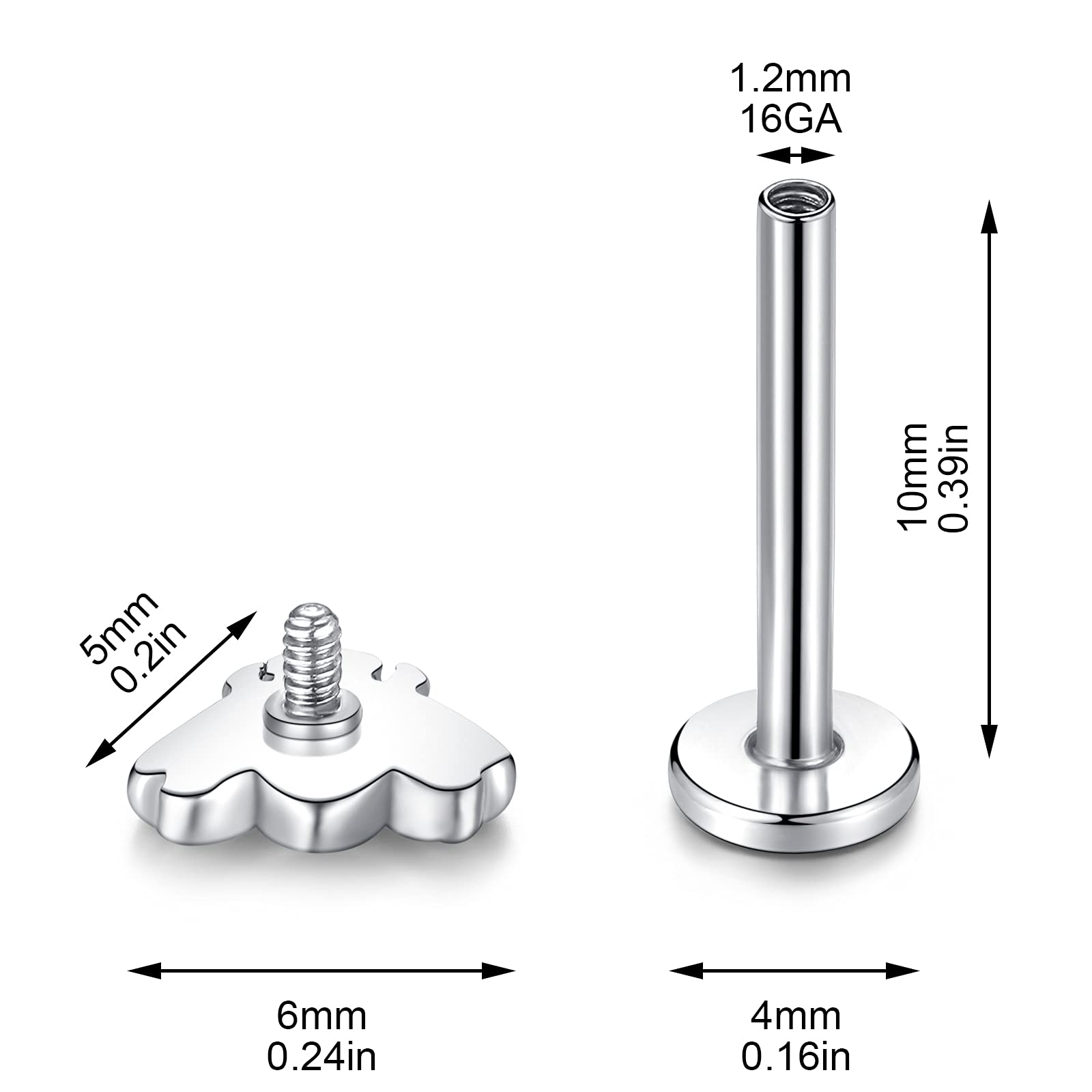 JINSAWW 16G Bee Internally Threaded Labret Stud Stainless Steel Ear Cartilage Helix Tragus Conch Flat Back Piercing Stud Body Jewelery