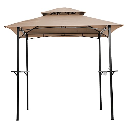 KFJBX 8x5 Ft Outdoor Grill Gazebo Shelter Tent 2-Tier Soft Top Canopy&Steel Frame with Hook&Bar Counters Khaki/Burgundy (Color : E)