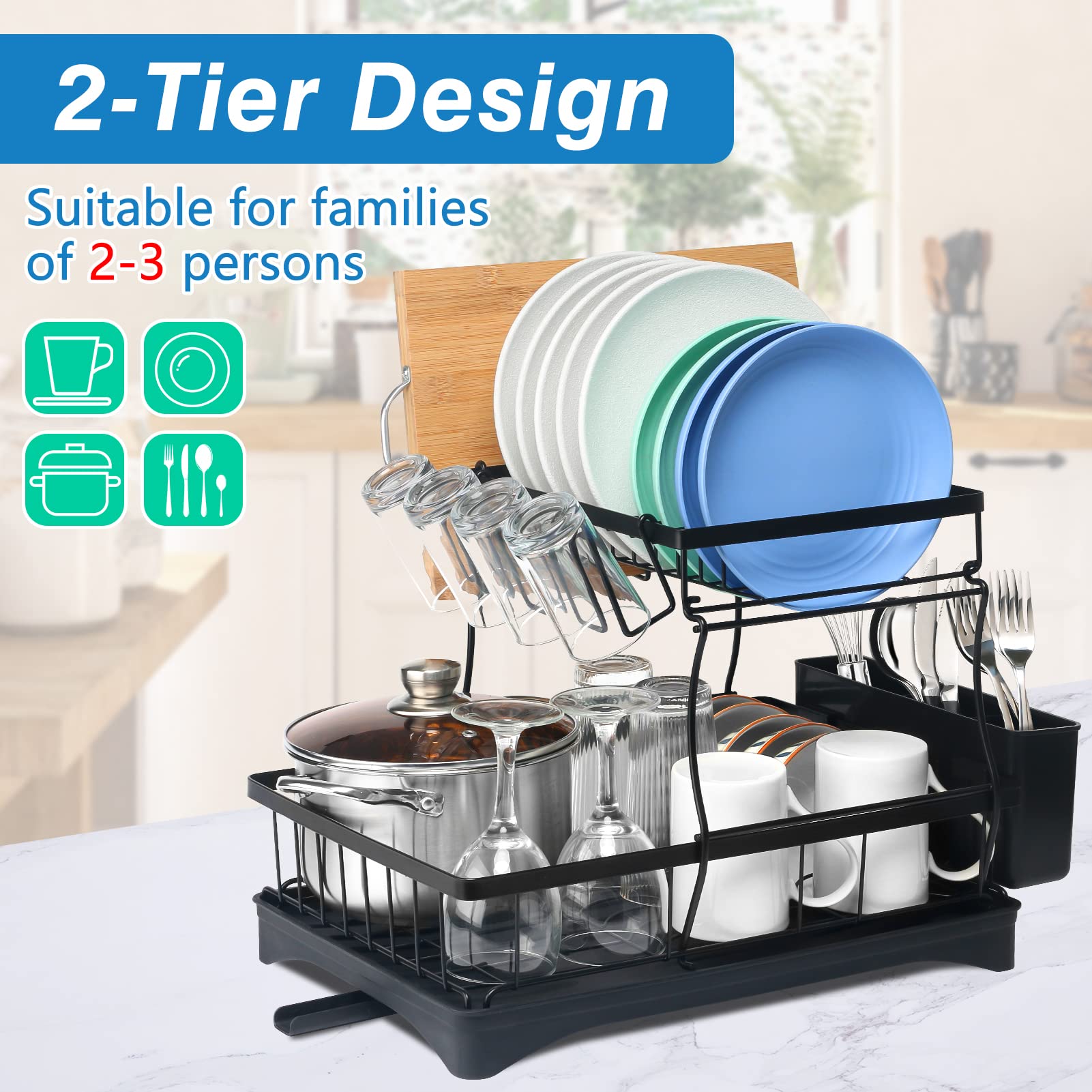 JUPELI Dish Drying Rack, 2 Tier Dish Racks for Kitchen Counter, Large Dish Drainer Strainer Dryer Tray Set, Kitchen Gadgets with Drainboard | Utensil | Cutting-Board Holder, Kitchen Organization Decor