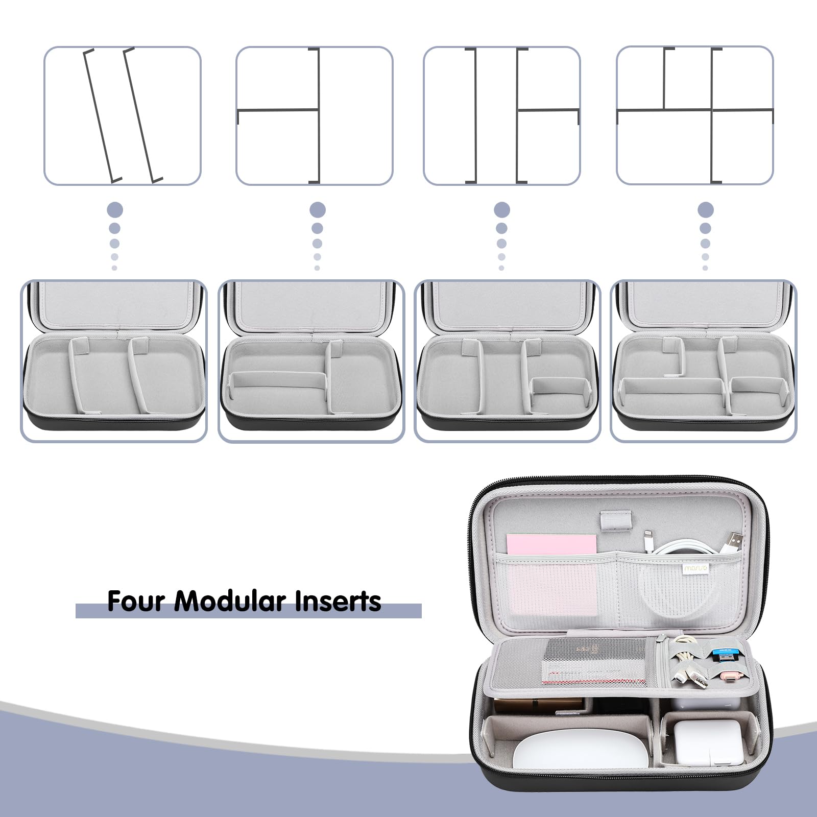 MOSISO Electronic Organizer Travel Case Compatible with MacBook Power Adapter, Compatible with Magic Mouse & Pencil, SD Card, USB Flash Disk with 4 Modular Insert & 2 Cable Tie & Snap Hook, Black