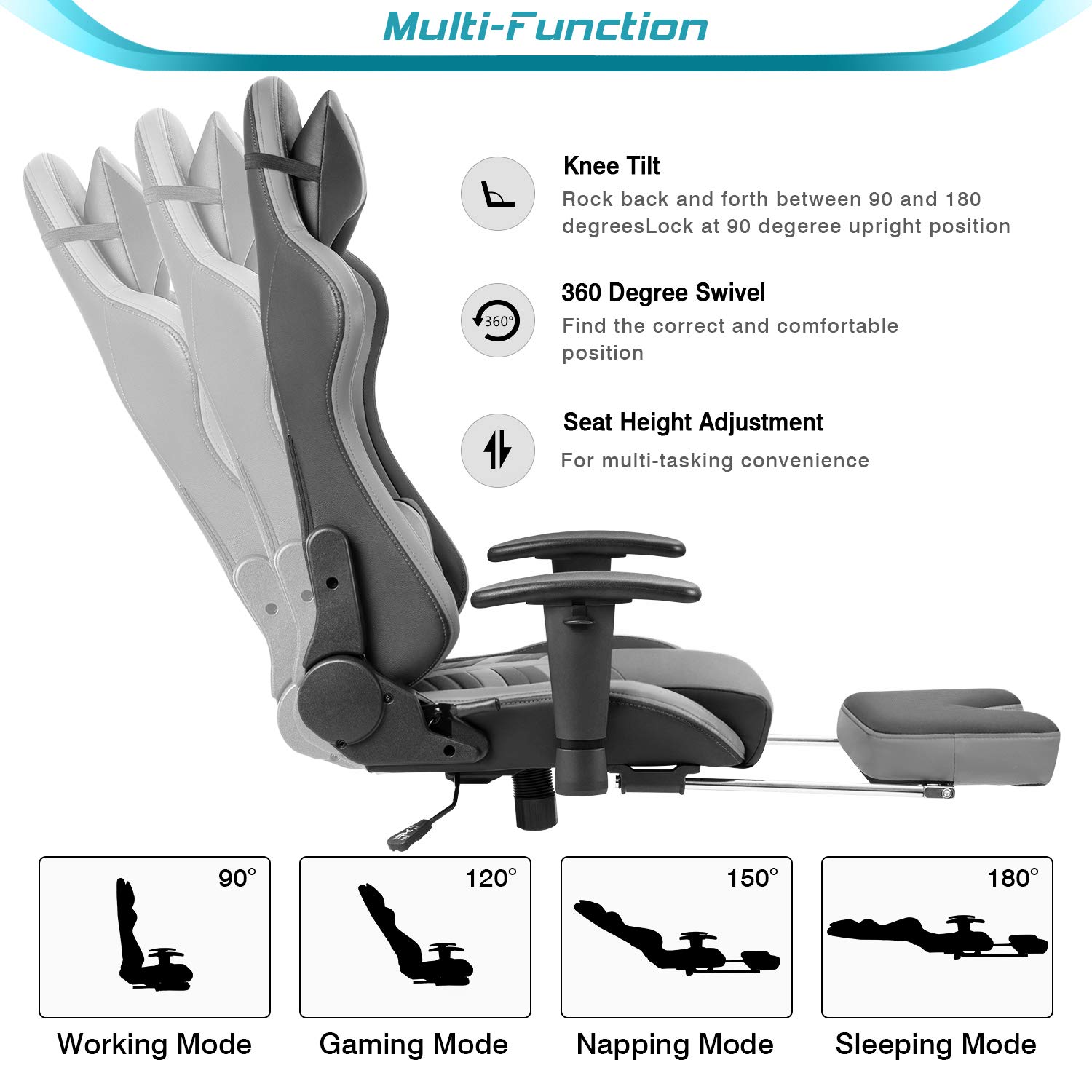 Homall Ergonomic High-Back Racing Chair | Leather Bucket Seat, Headrest, Footrest and Lumbar Support | Black & White