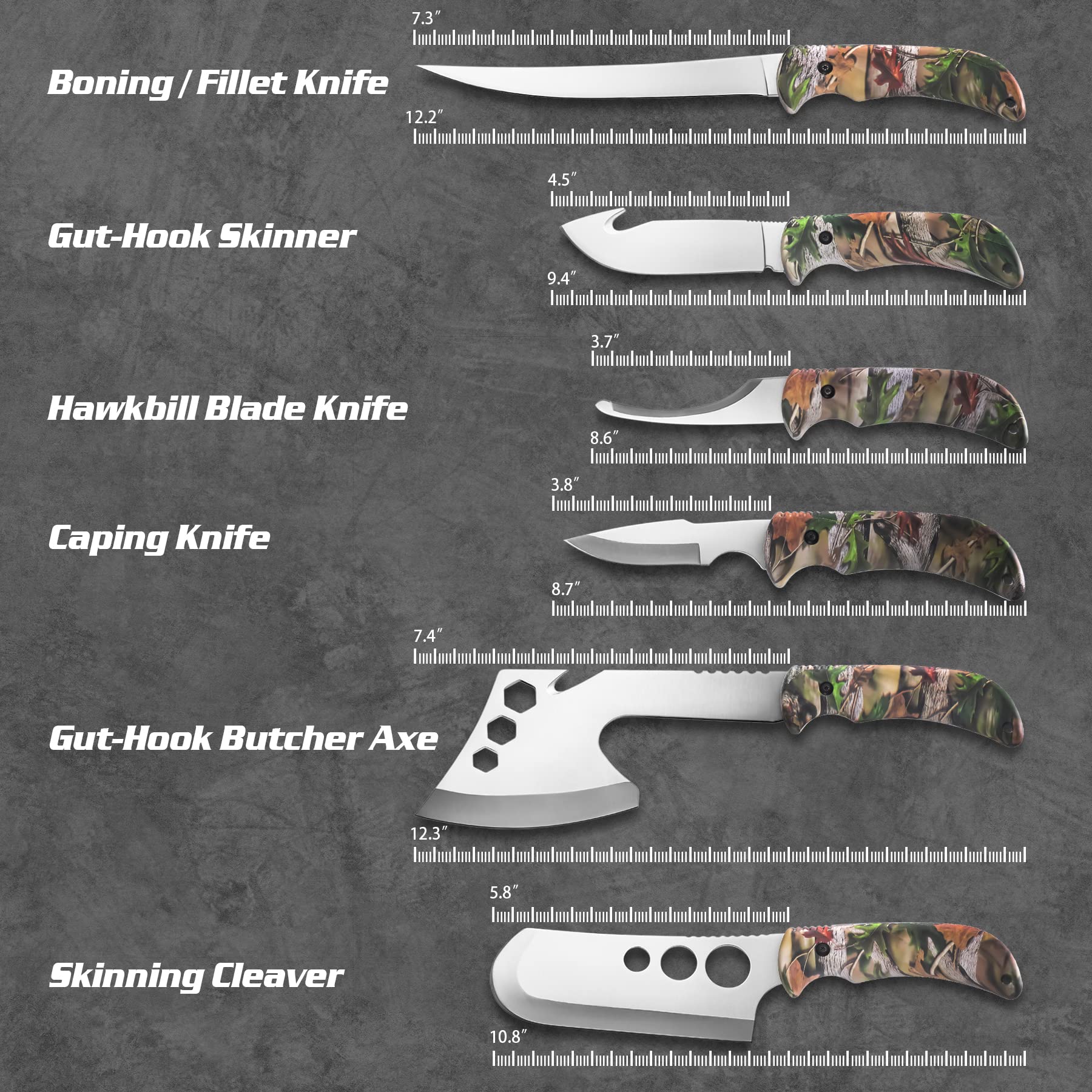 KNINE OUTDOORS 2022 Hunting Deer Knife Set Red Maple Camo Handle Field Dressing Kit Portable Game Processor Set with Nylon Belt Sheath, 8&12 Pieces, Green Black Case