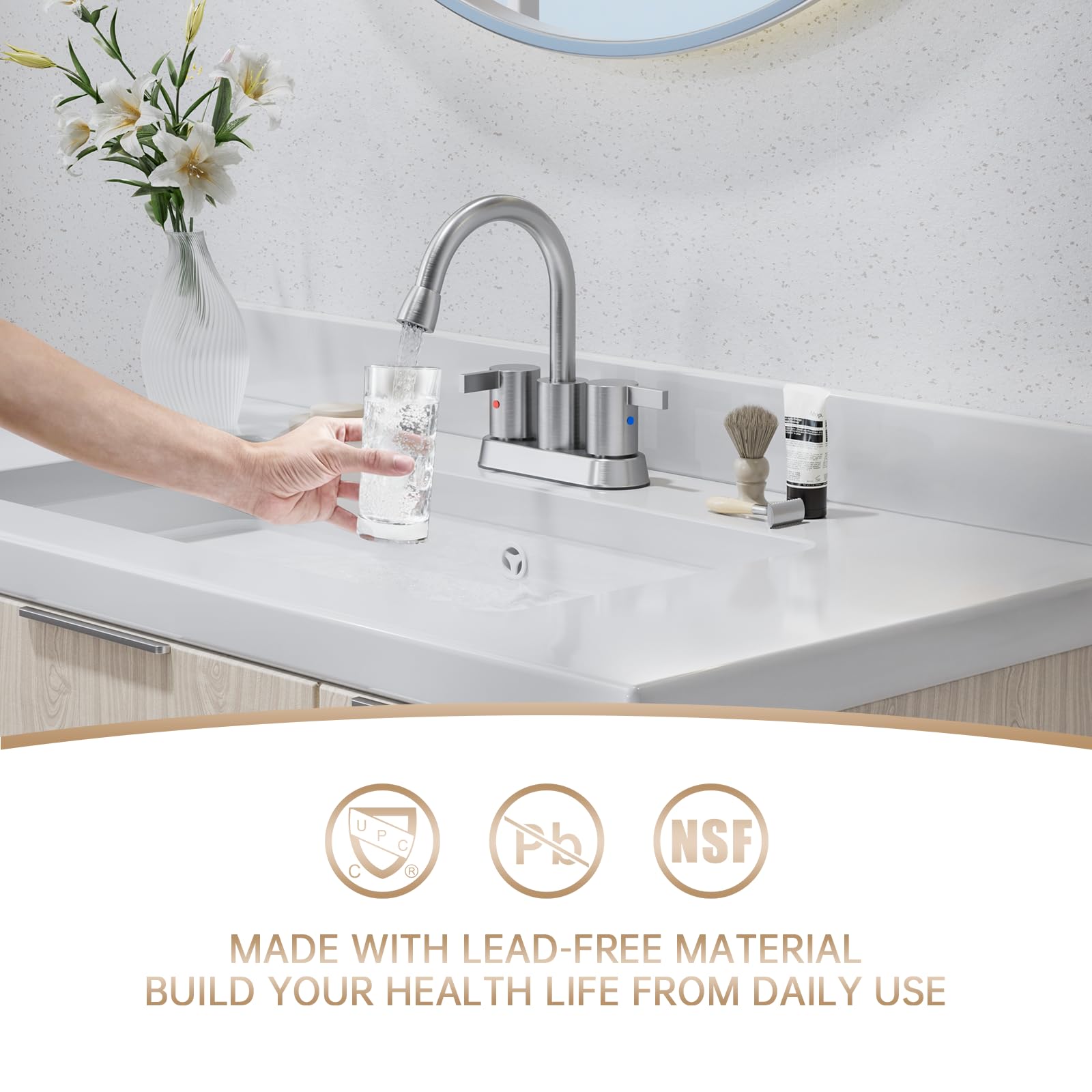 Phiestina Pull Down Sprayer Brushed Nickel Bathroom Faucet, 4 Inch 3 Hole Centerset Pull Out Bathroom Sink Faucet,with 360 Swivel Spout, Metal Pop-Up Drain & cUPC Water Supply Lines, BF04011-K01-GBN