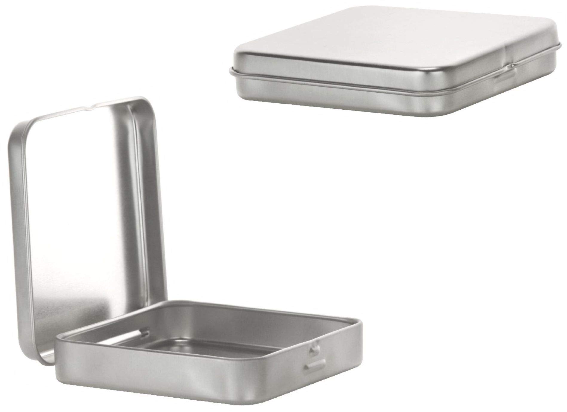 MagnaKoys Square Silver Metal Hinged Tins 3.5 x 3.5 x .70 Inches Boxes for Candy Storage Geocaching (5-Pack)